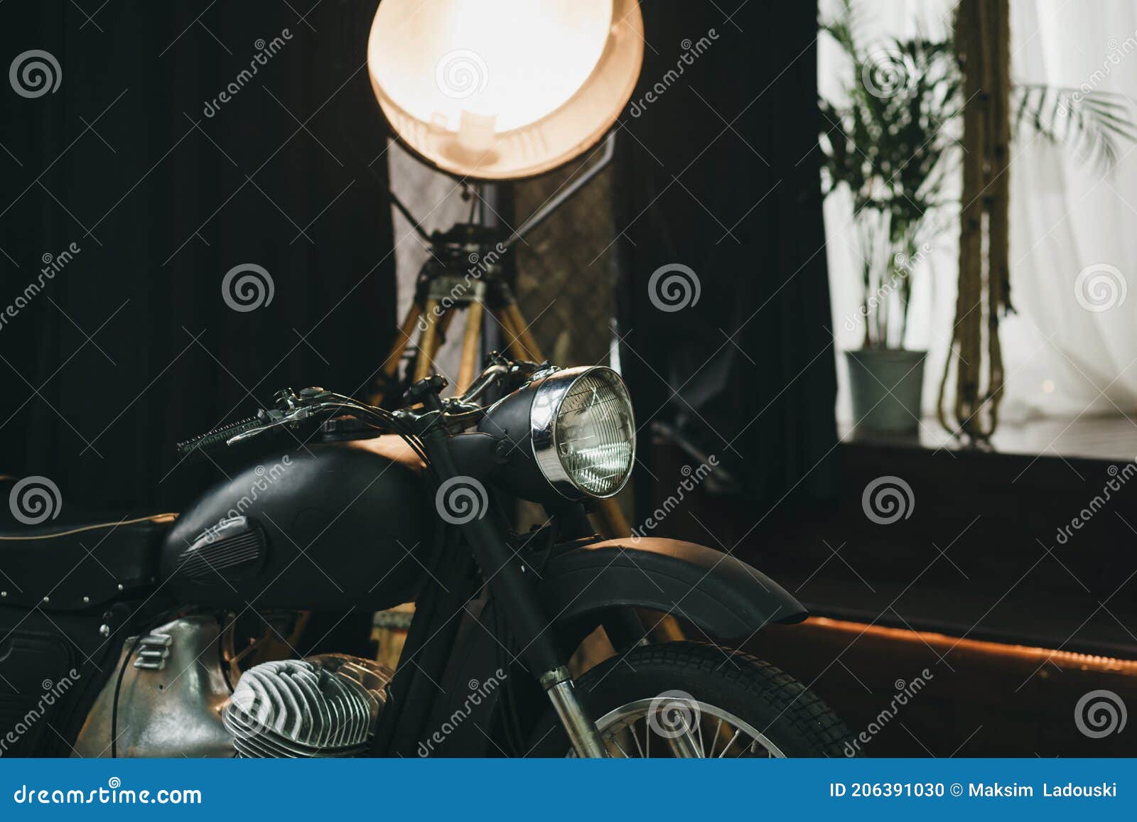 Motorcycle in a Classic Interior Stock Photo - Image of lights, room ...
