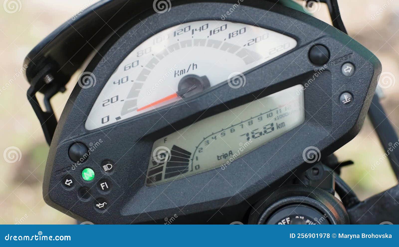 Motorcycle Dashboard with Speedometer Close Up, Ignition on. Stock ...