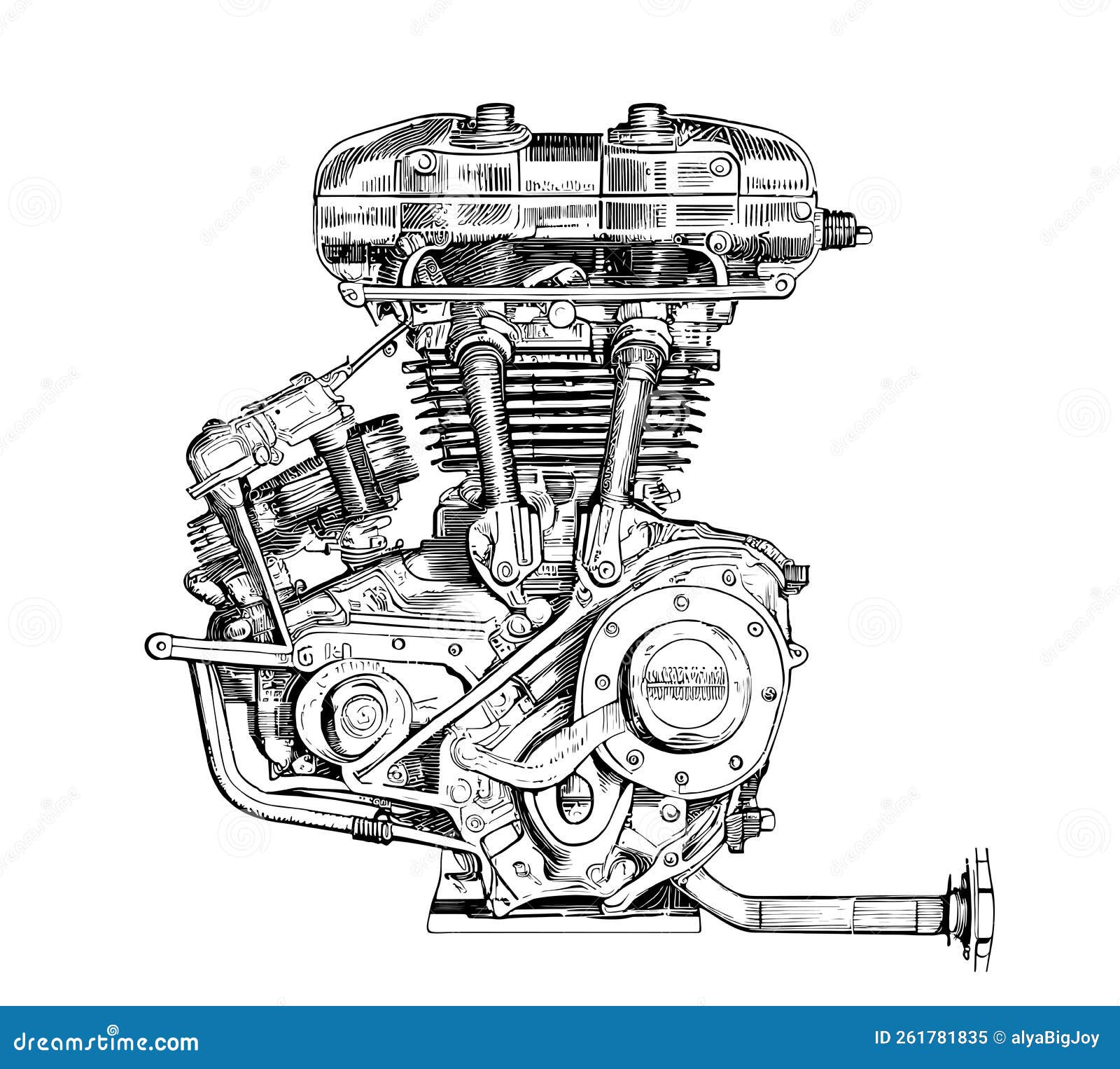 Motorcycle Engine Sketch Hand Drawn Engraved Style Engineering Stock ...