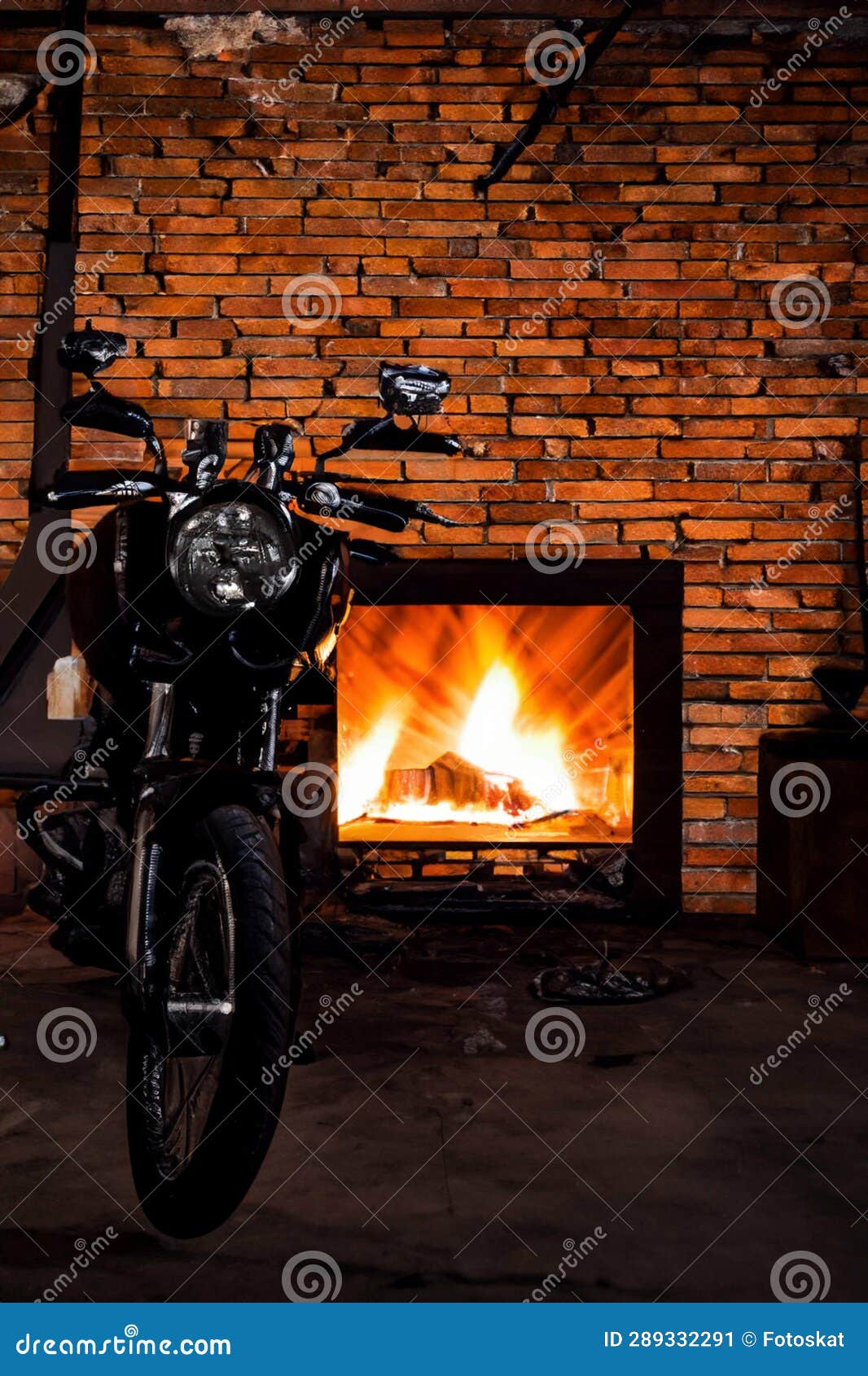 Motorcycle and Fireplace stock image. Image of custom - 289332291