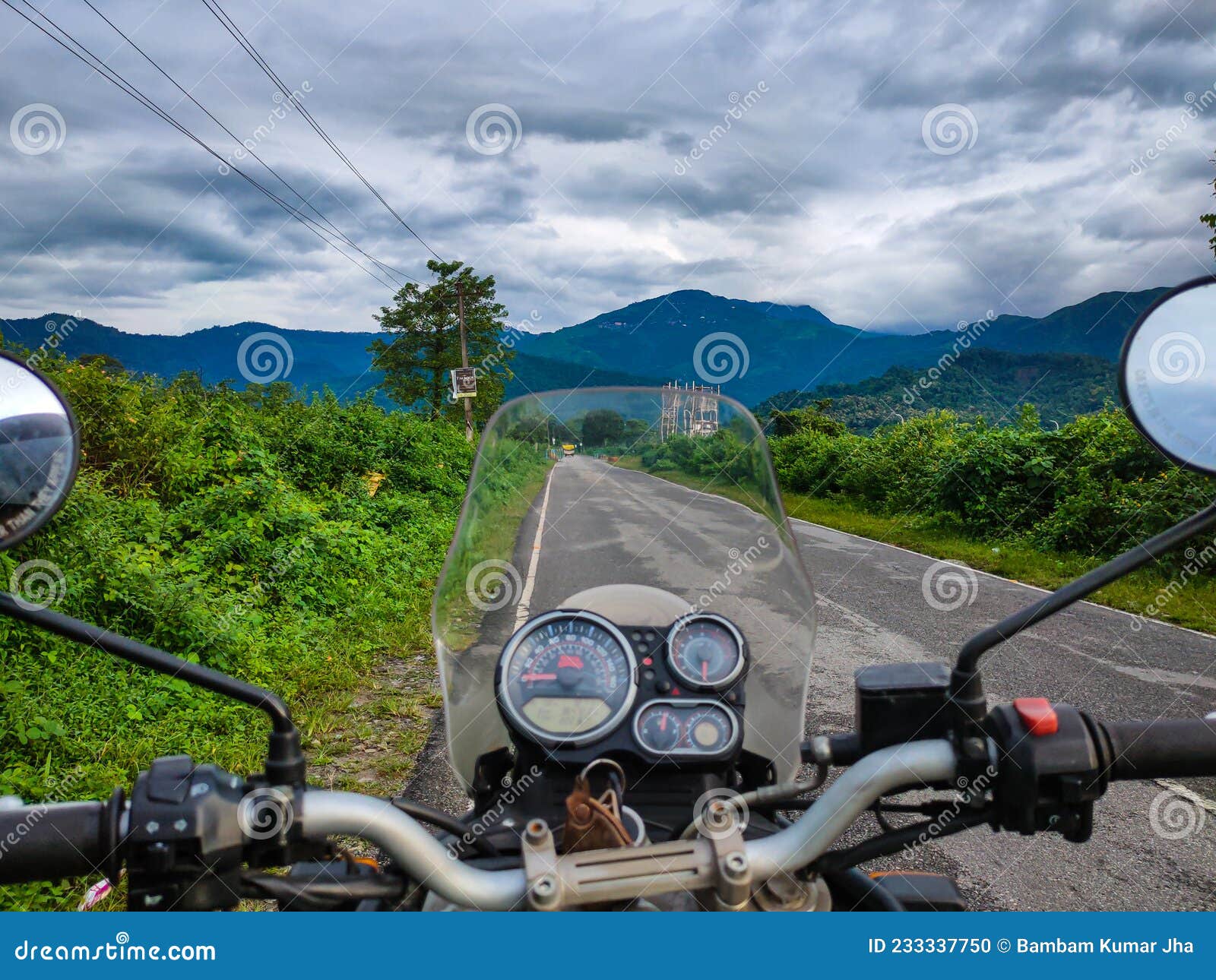 Motorcycle Front View at Tarmac Road with Mountain View at Morning ...