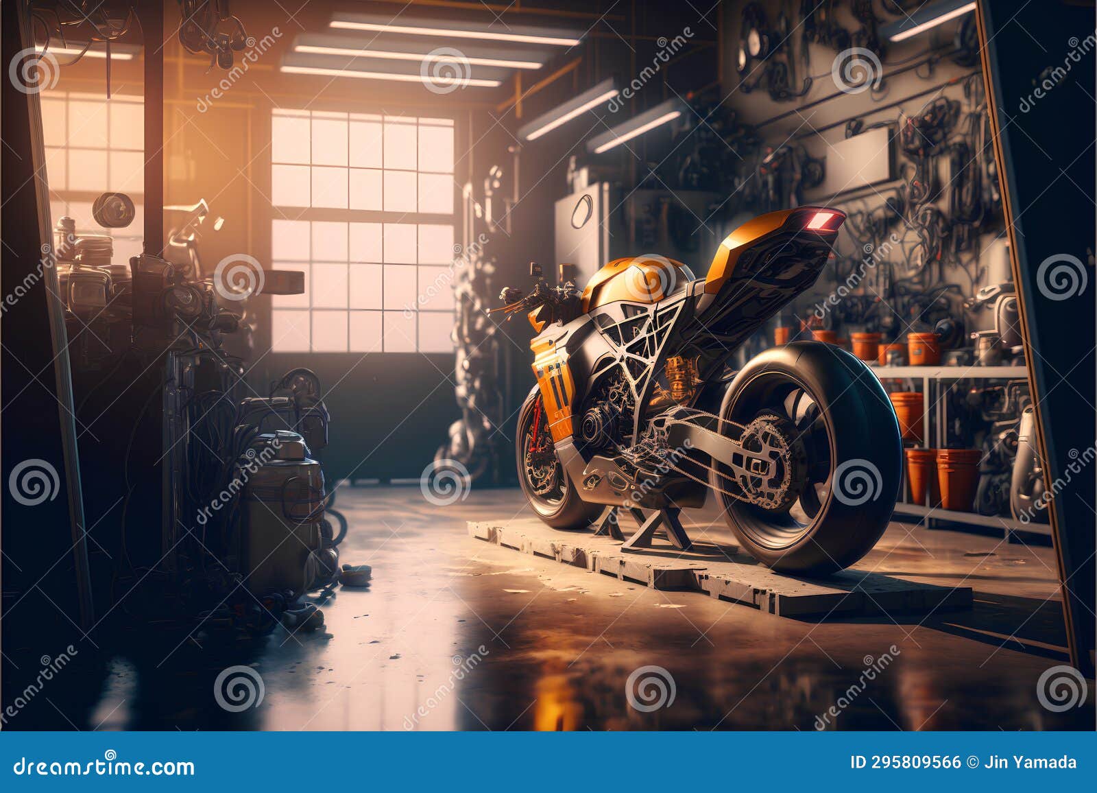 Motorcycle in Garage. 3d Render Stock Illustration - Illustration of ...
