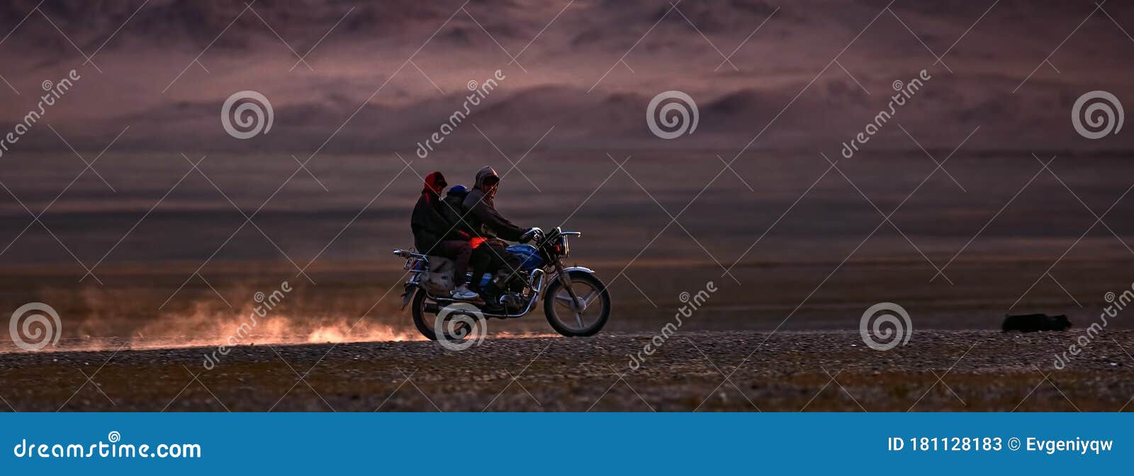 On a Motorcycle in the Gobi Desert. Dust from Under the Wheels. Wild ...