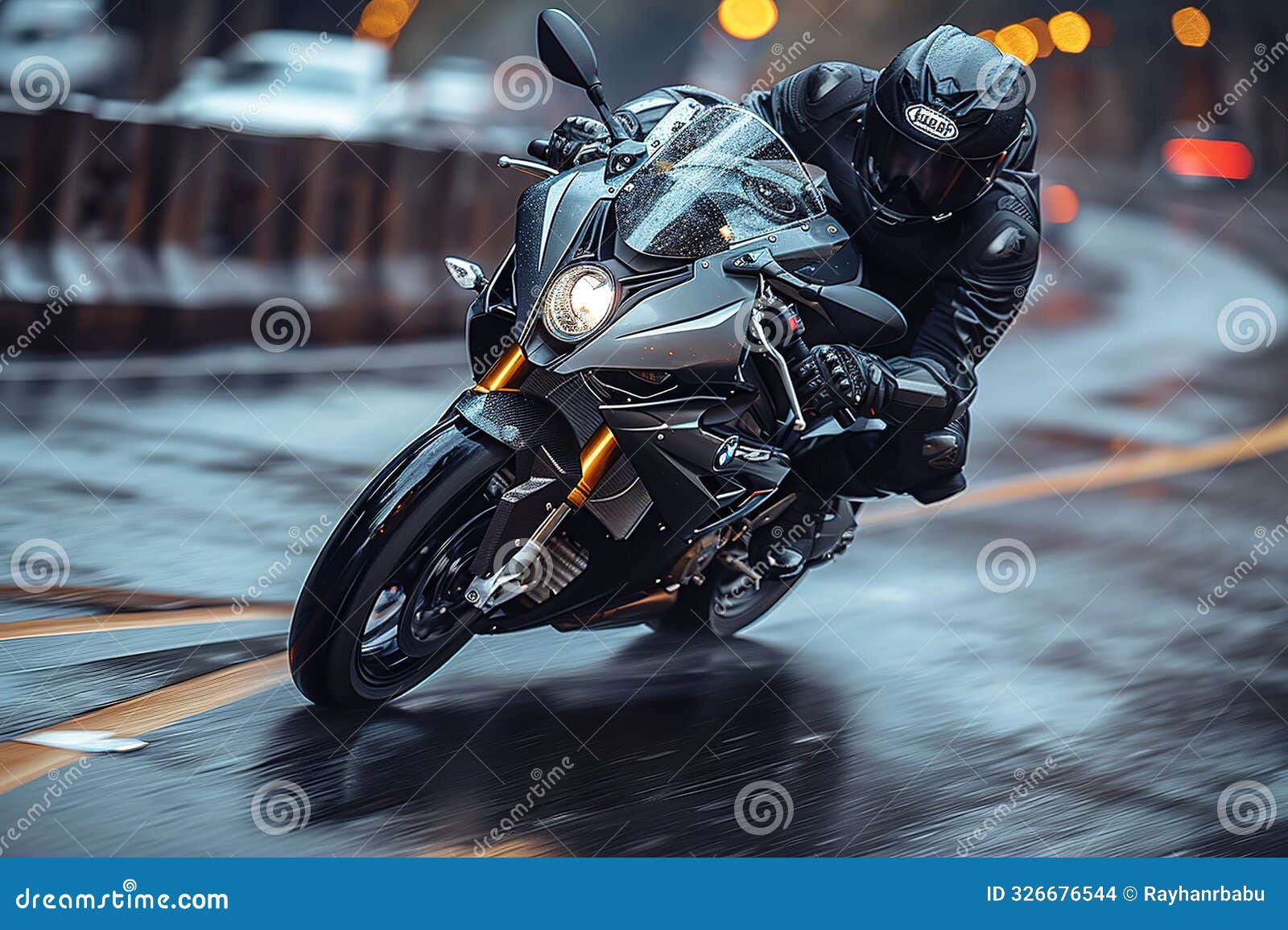 Motorcycle Leaning into a Fast Corner on Highway Copy Space for Text ...