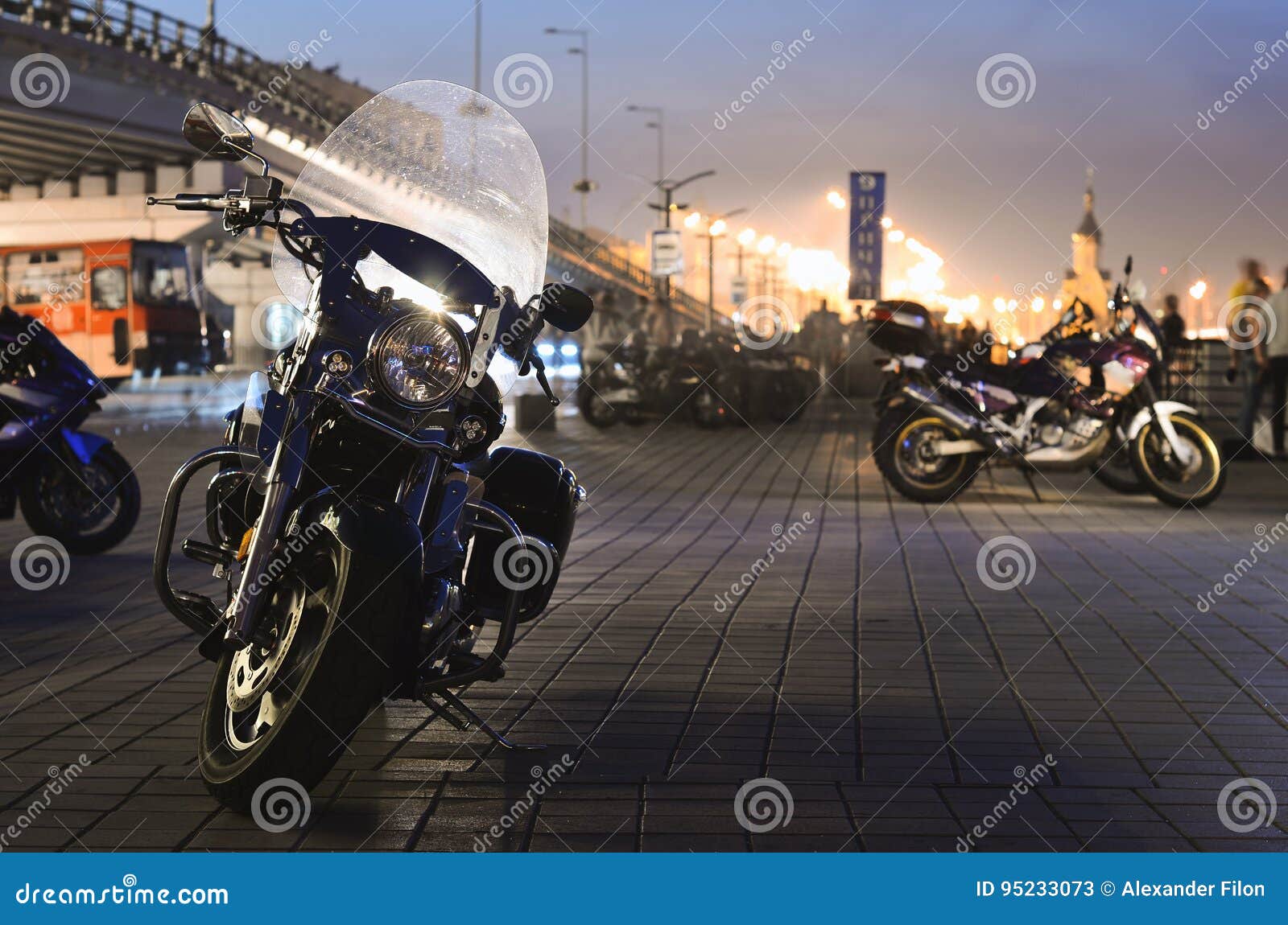 Motorcycle on night street stock image. Image of quay - 95233073