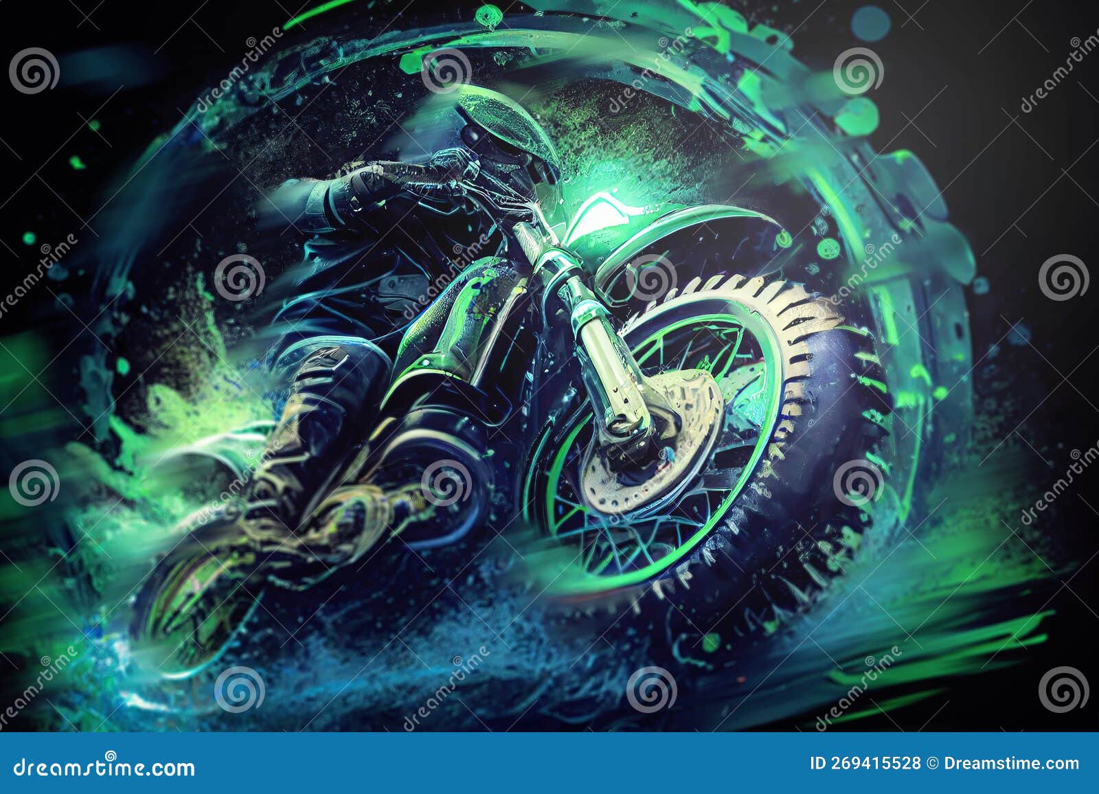 Motorcycle Racer Riding a Green Motorcycle through the Mud, with ...