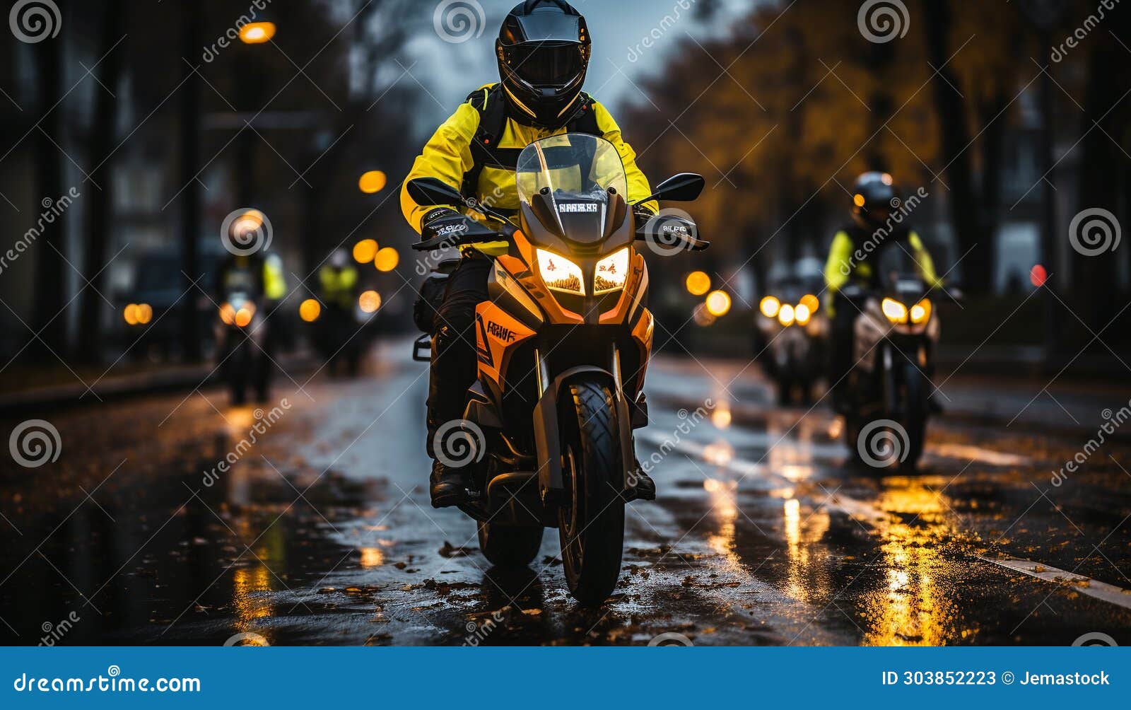 Motorcycle Racing at Night, Blurred Motion, Riding in Wet City ...