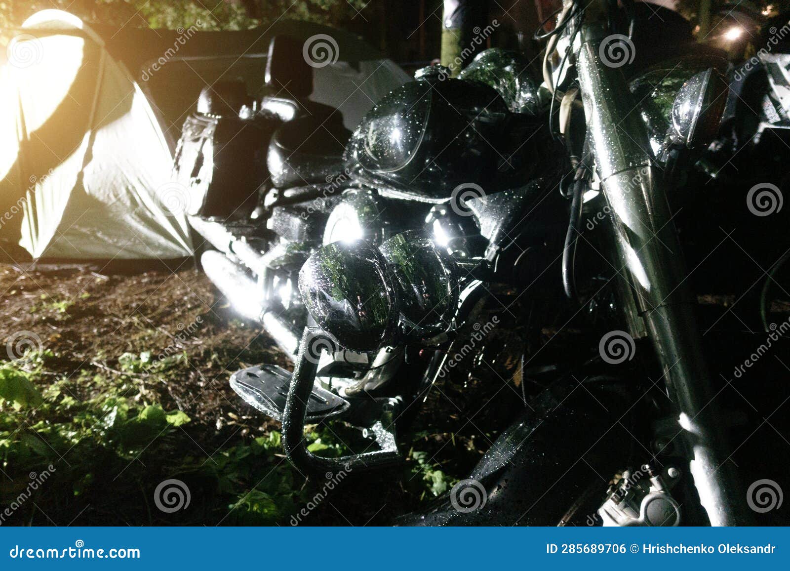 Motorcycle in Raindrops at Night in the Forest Near the Tent Stock ...