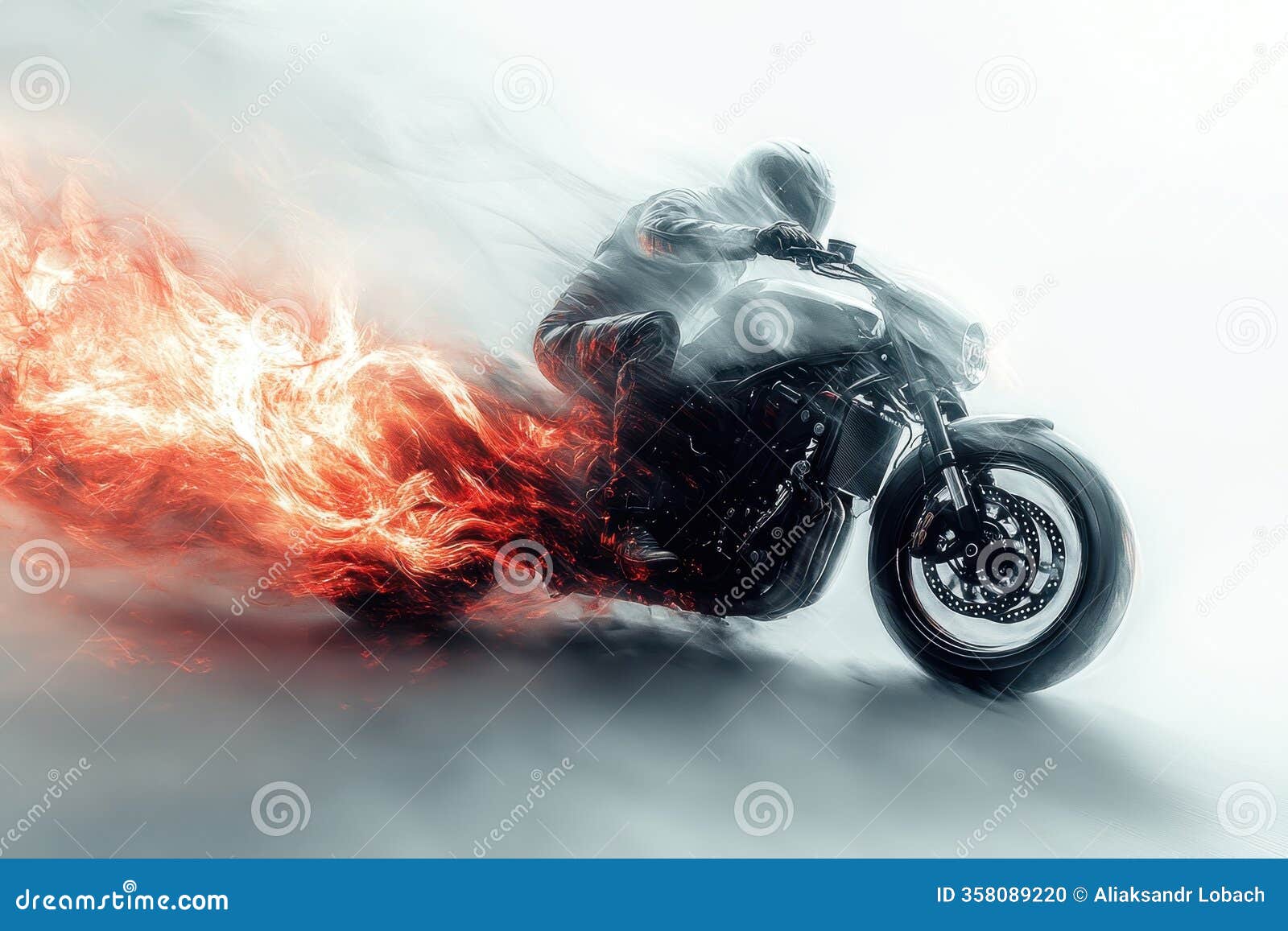 Motorcycle Rider Speeding through Flames on a Dramatic Empty Road ...