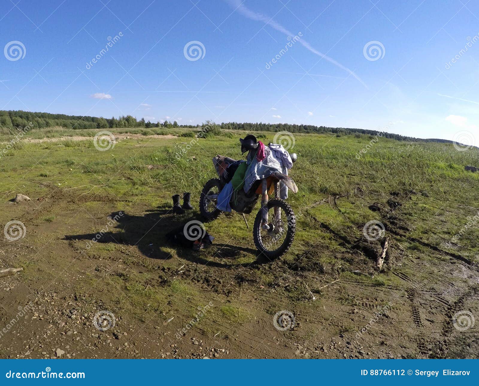 Motorcycle with Rider Standing in Field Stock Photo - Image of ride ...