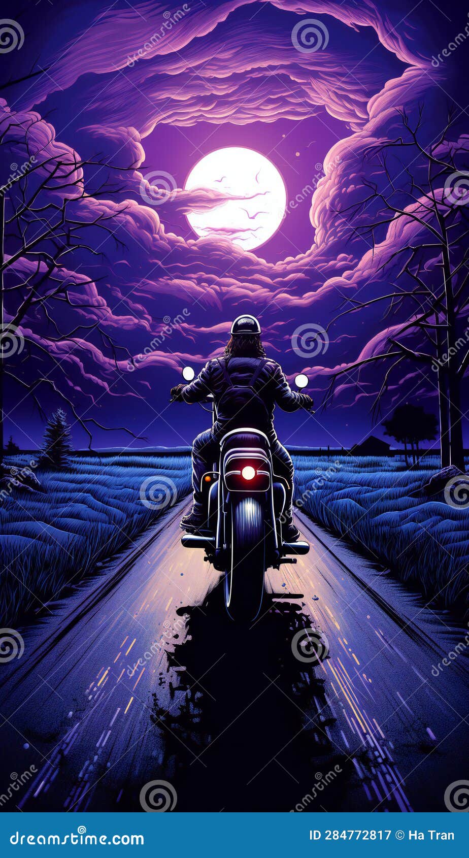 Motorcycle on the Road at Full Moon Night, Stock Illustration ...