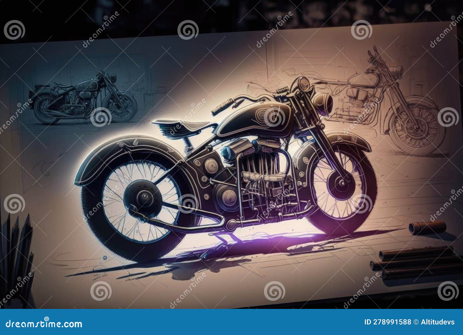 Motorcycle Sketch with Dramatic Lighting and Shadows, Bringing the ...