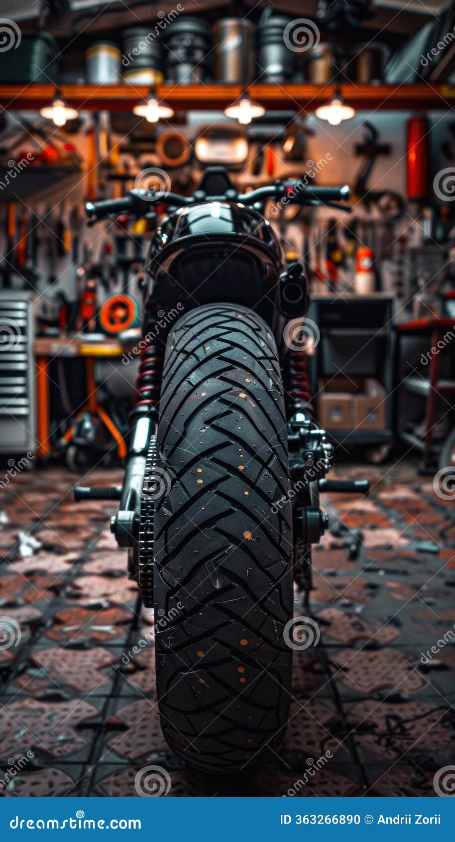 Motorcycle Tire Tread Design with Garage Tool Backdrop for Performance ...