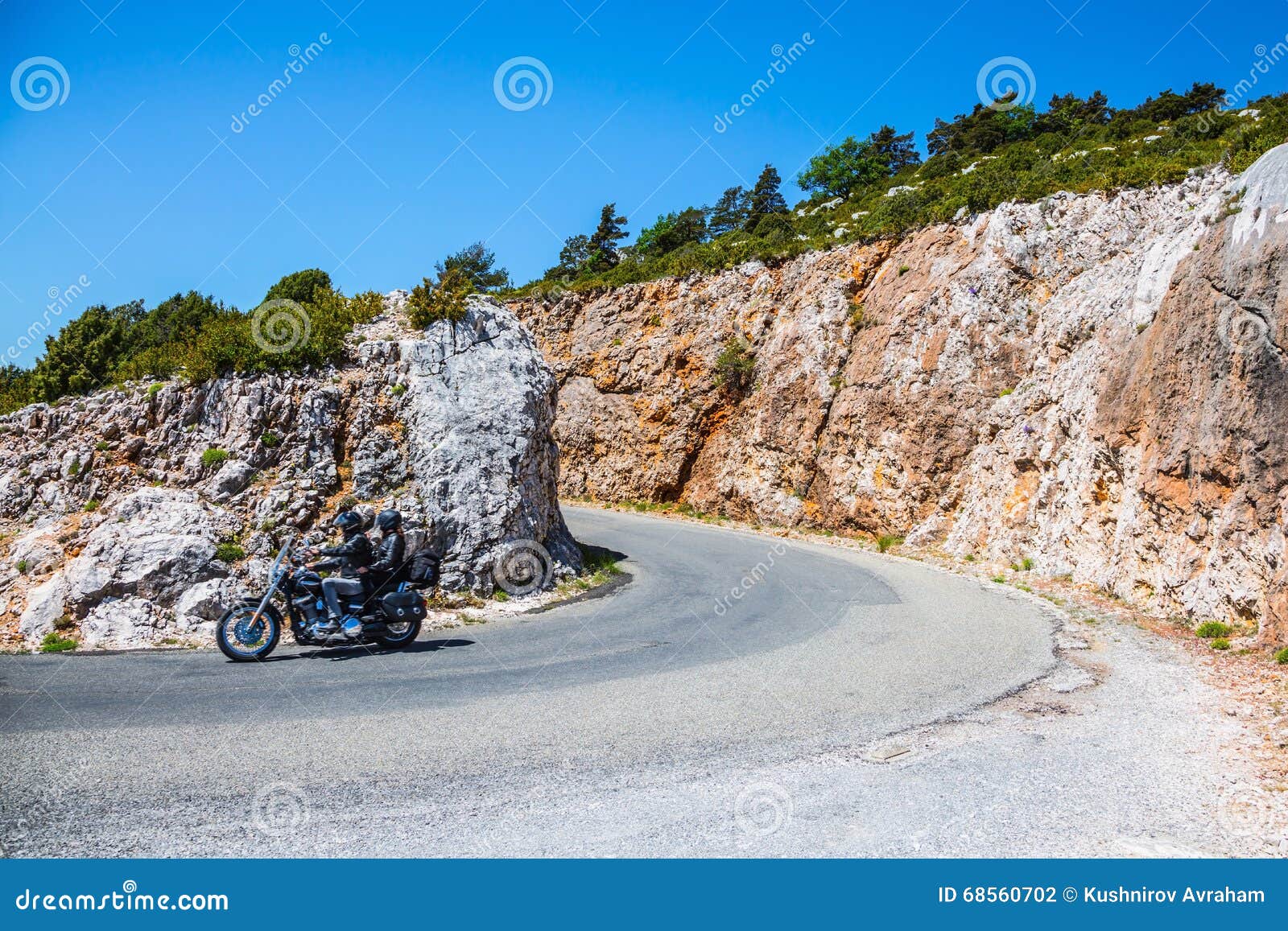 Motorcycle with Two Motorcyclists on a Mountain Road Stock Photo ...