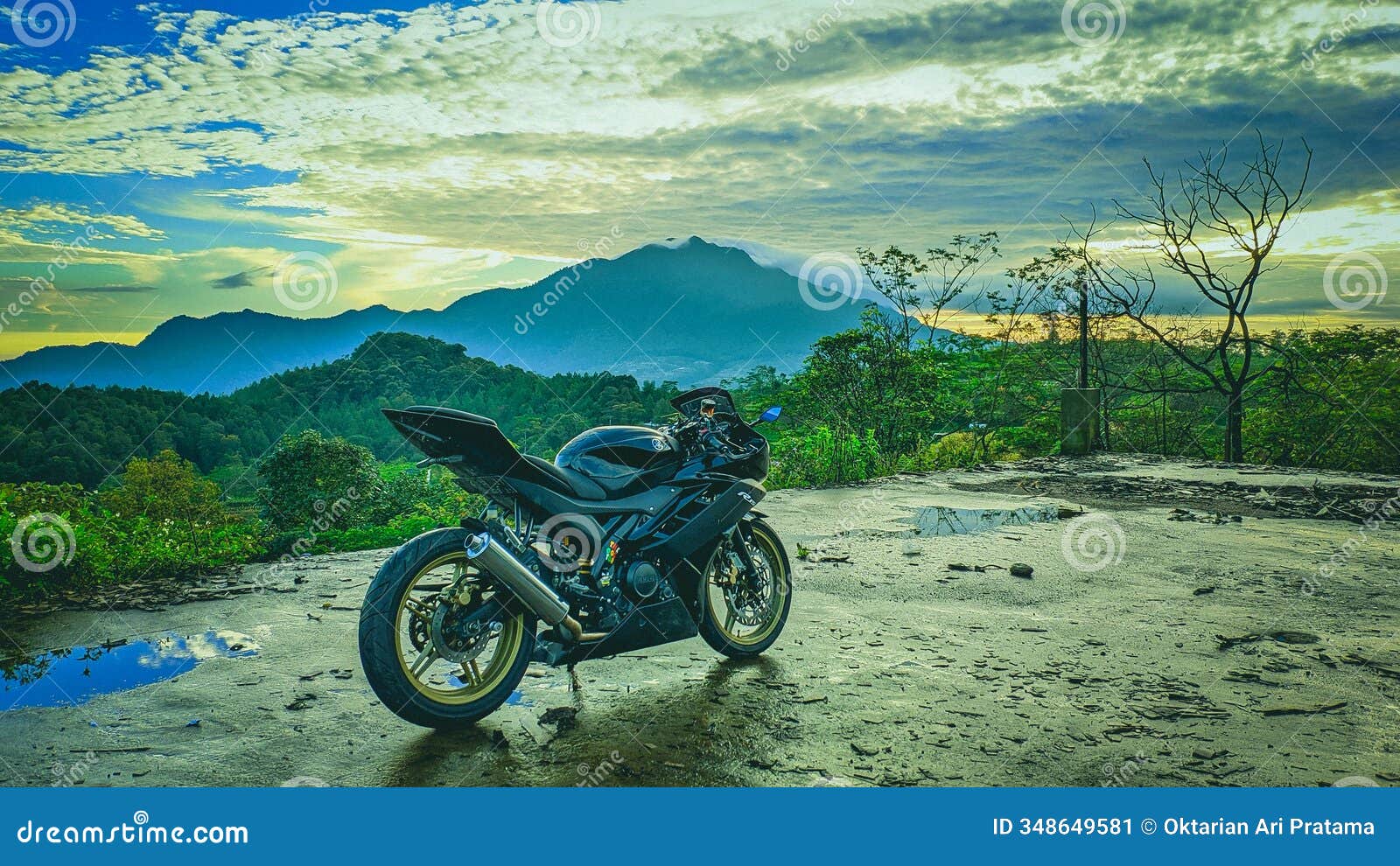 A Motorcycle with a View of Mountain in the Morning Stock Image - Image ...