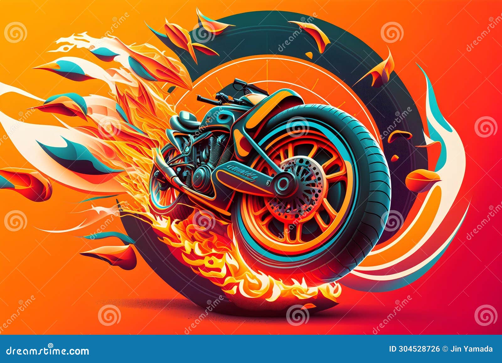 Motorcycle Wheel with Fire Flames on Red Background. 3d Rendering Stock ...