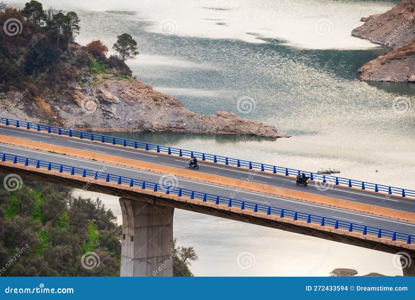 Motorcycles Circulating through a Viaduct Over a Swamp. Top View Stock ...