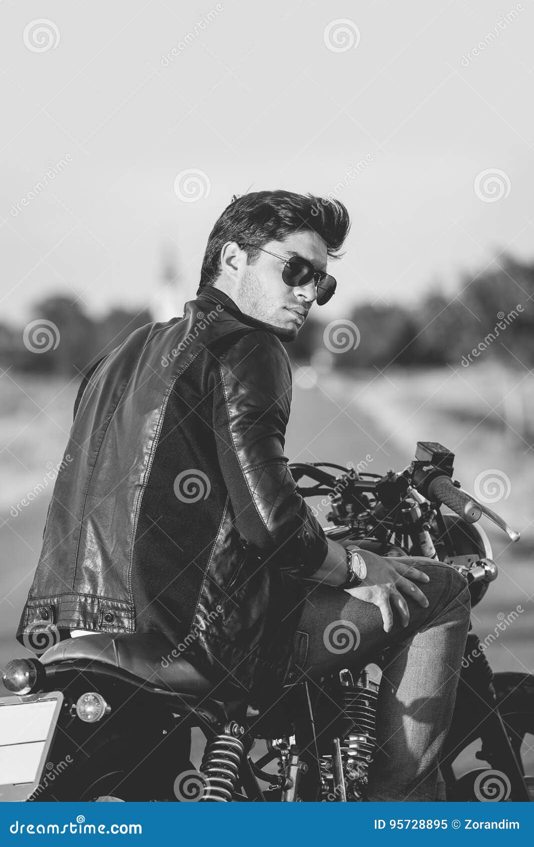 Motorcyclist with a Cafe-racer Motorcycle Outdoors Stock Image - Image ...