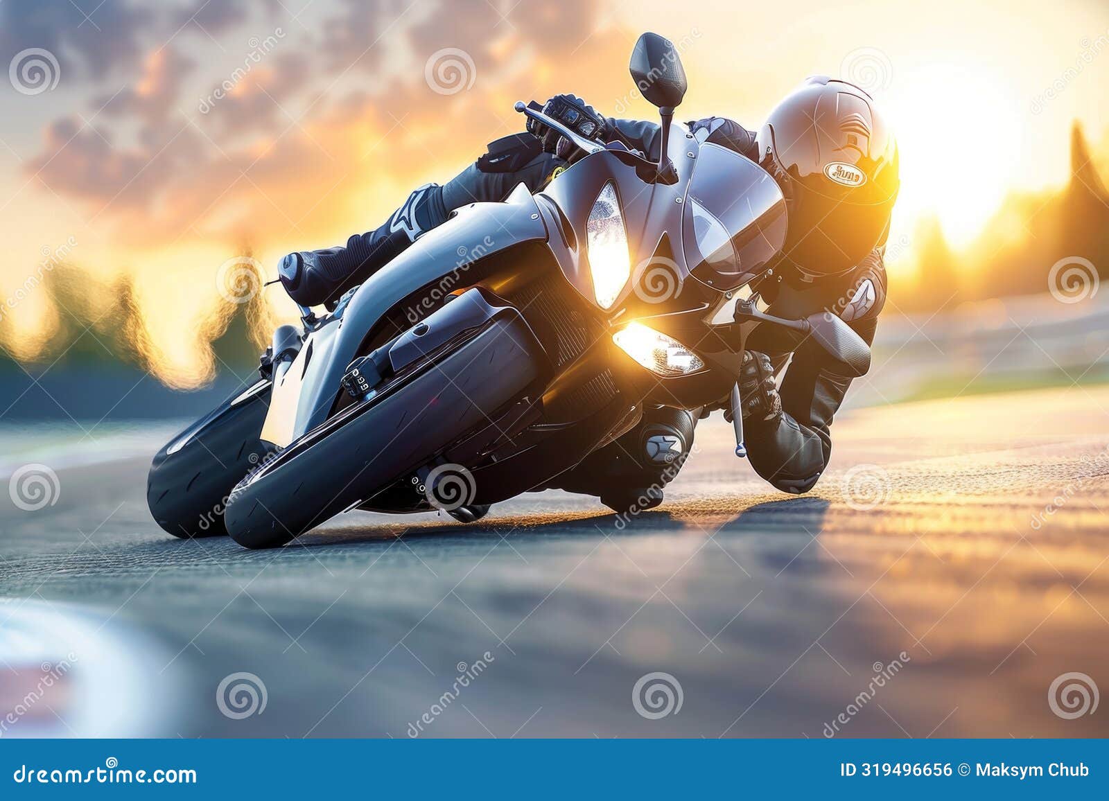Motorcyclist Dynamically Leaning into a Sharp Turn during Intense ...