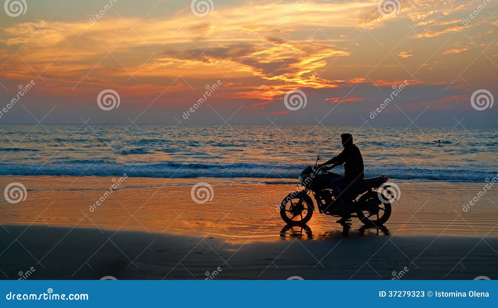 Motorcyclist at Sunset on the Beach. Stock Image - Image of motorcycle ...