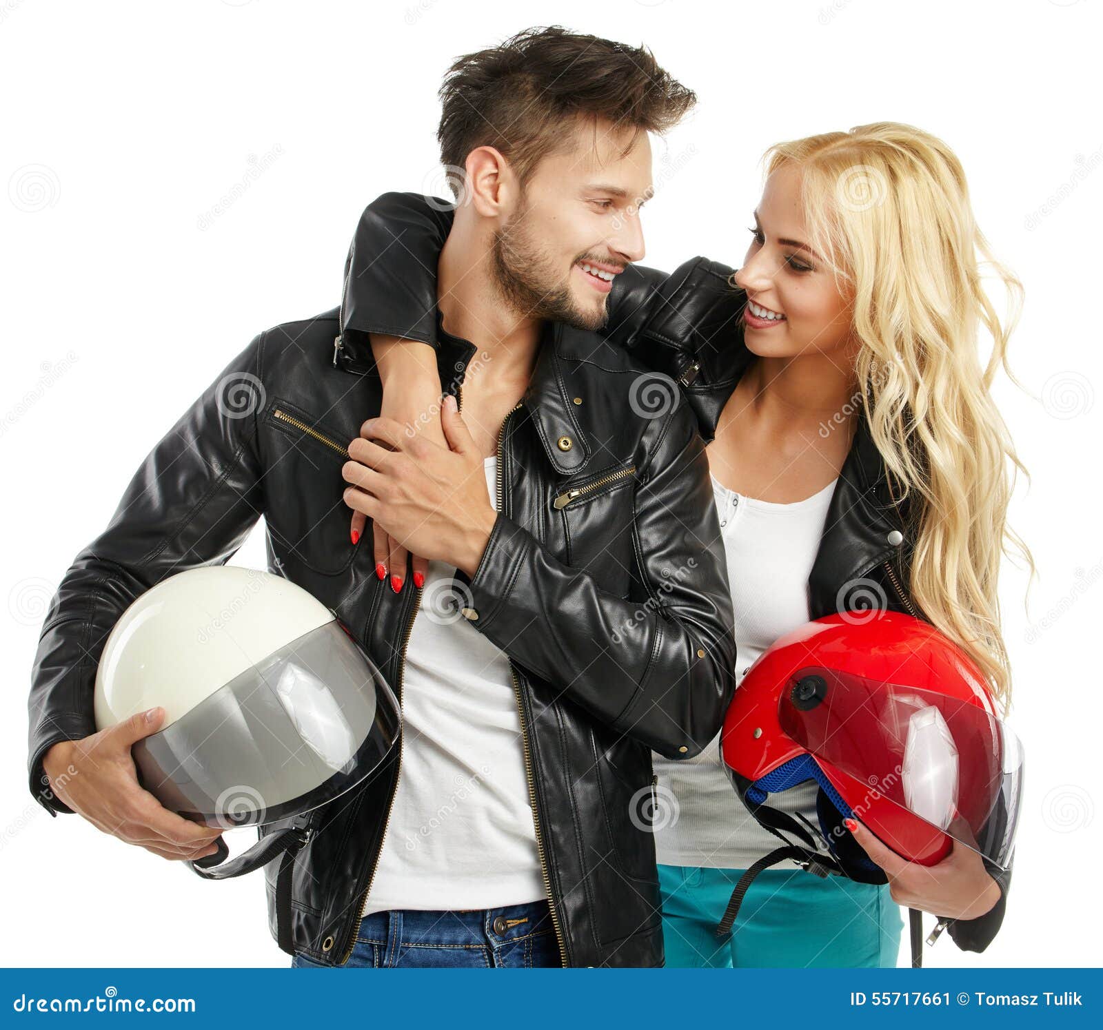 Motorcyclists Couple with Helmets Stock Image - Image of motorcycle ...