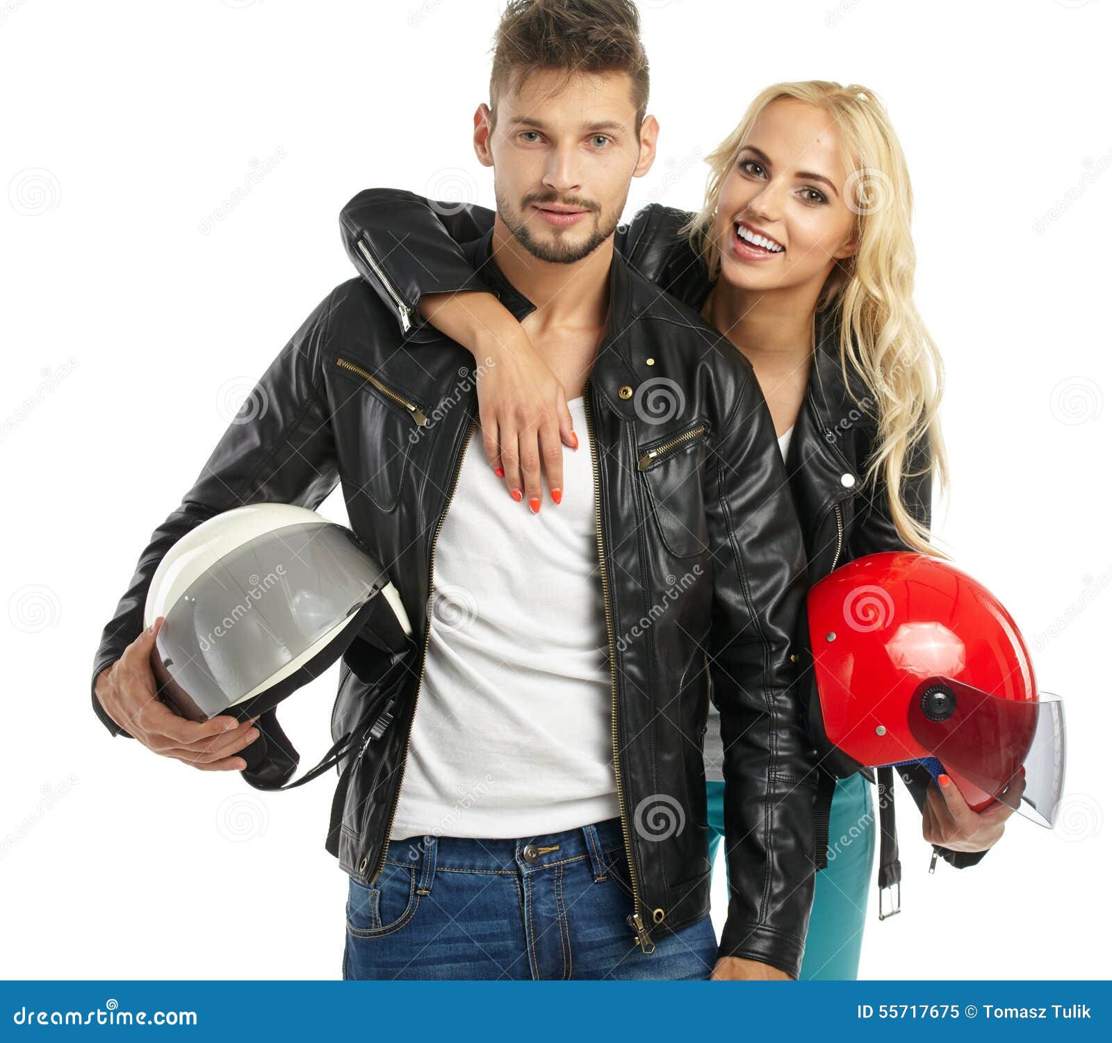 Motorcyclists Couple with Helmets Stock Image - Image of leisure, girl ...