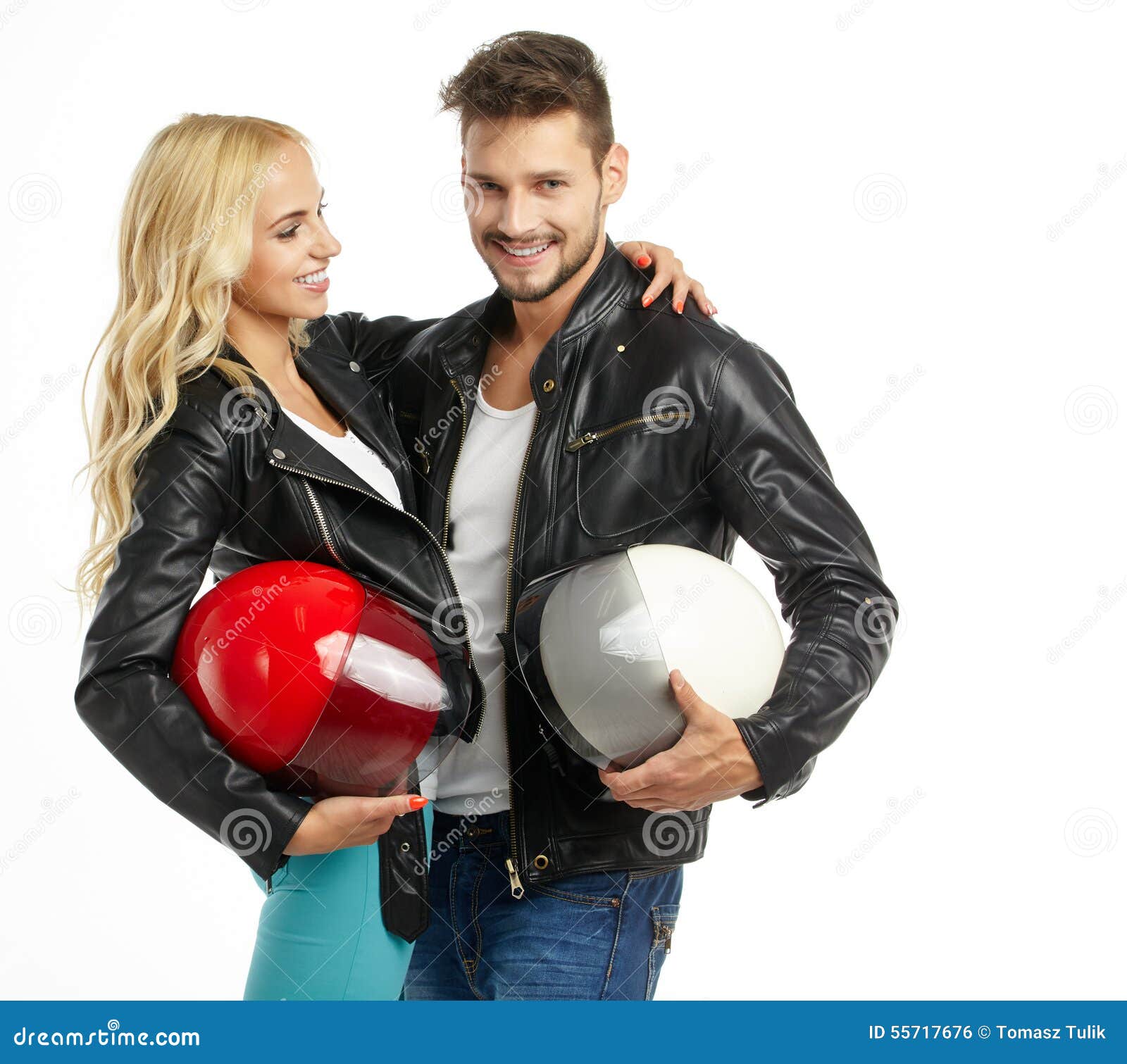 Motorcyclists Couple with Helmets Stock Photo - Image of motorcyclist ...