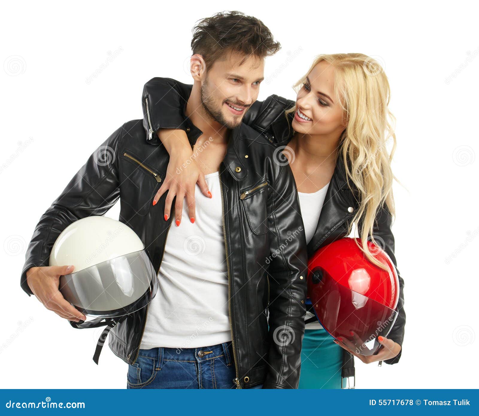Motorcyclists Couple With Helmets Royalty-Free Stock Image ...