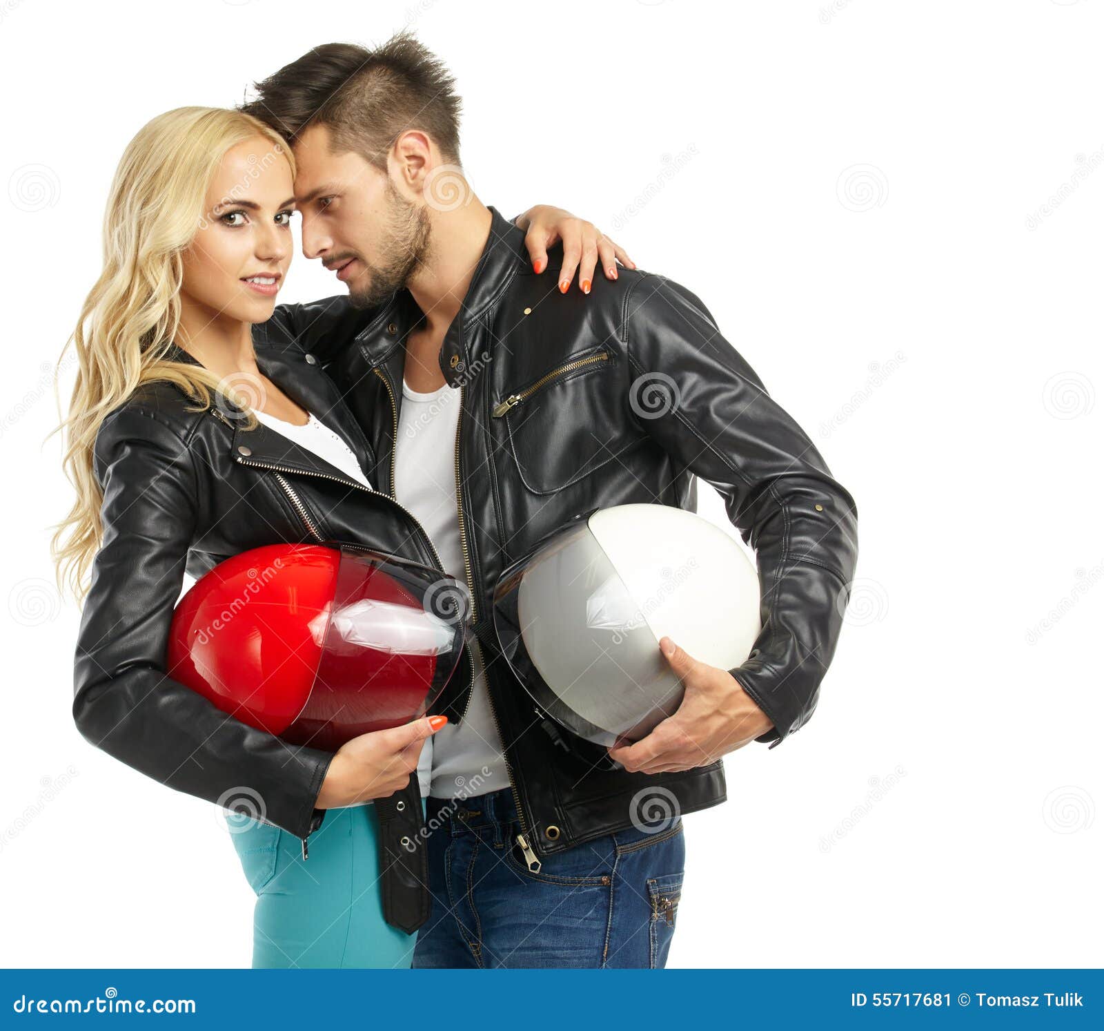 Motorcyclists Couple with Helmets Stock Image - Image of motor, leisure ...