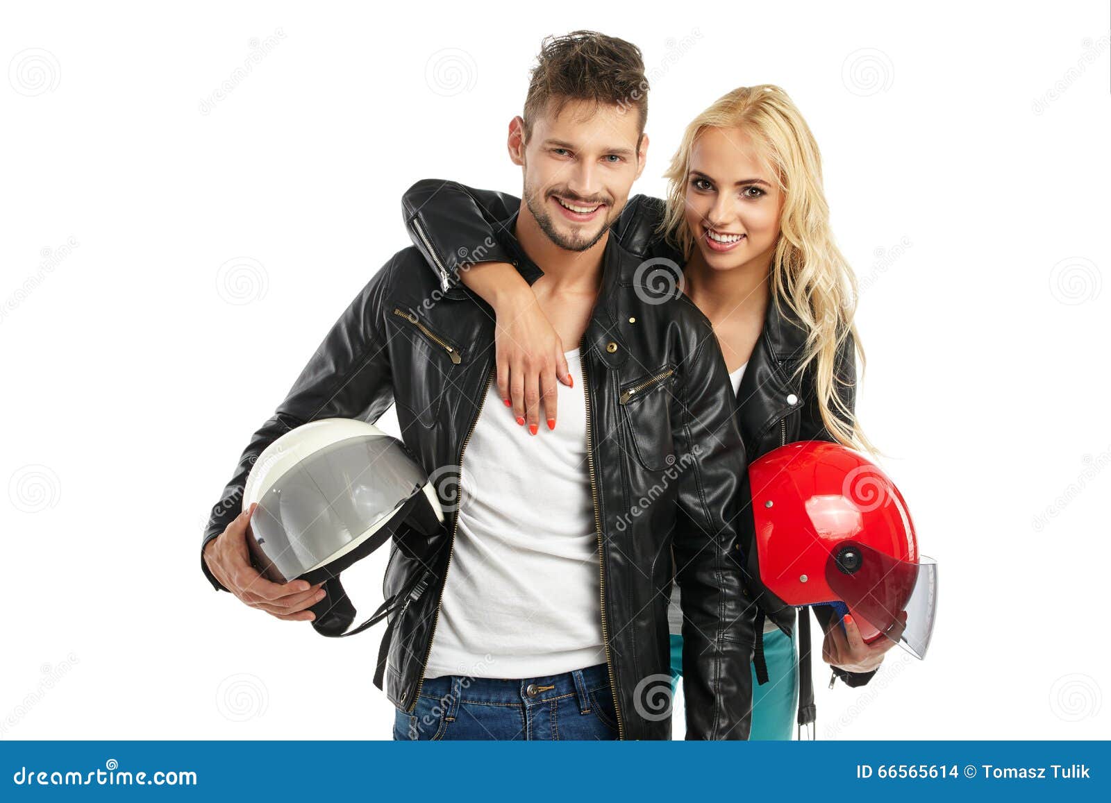 Motorcyclists Couple with Helmets in Hand Stock Photo - Image of ...