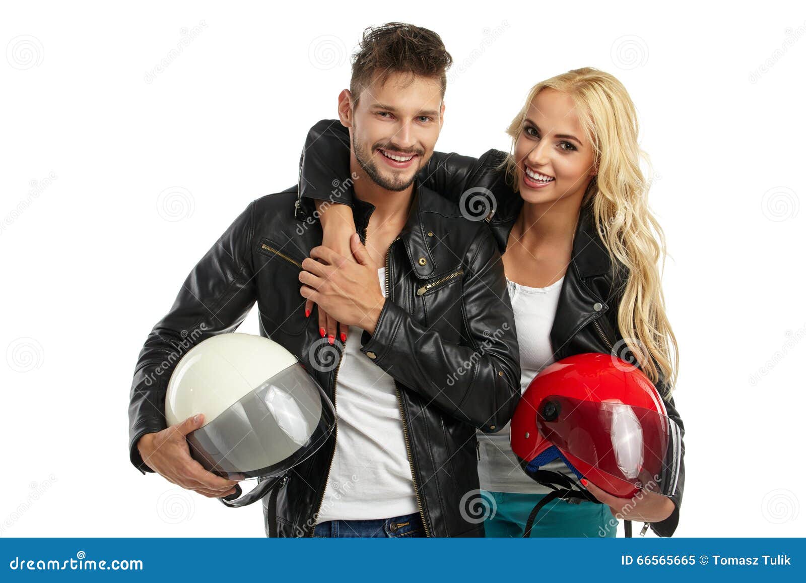 Motorcyclists Couple with Helmets in Hand Stock Image - Image of friend ...
