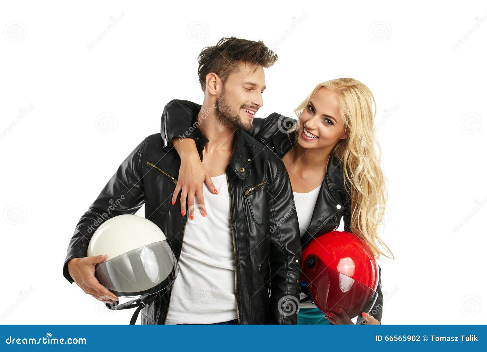 Motorcyclists Couple with Helmets in Hand Stock Photo - Image of people ...