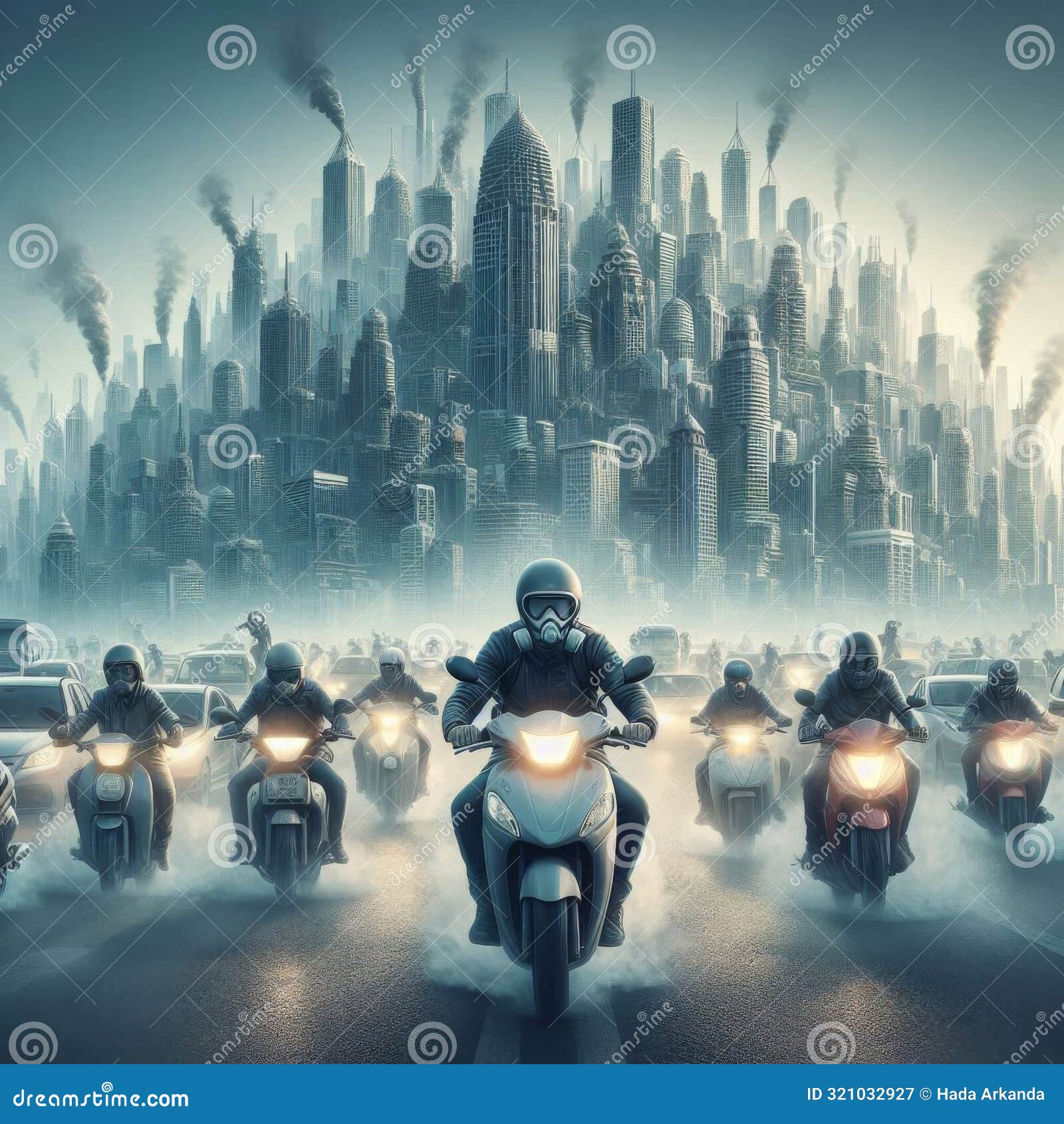 Motorcyclists in Urban Traffic, Battling Pollution Stock Illustration ...