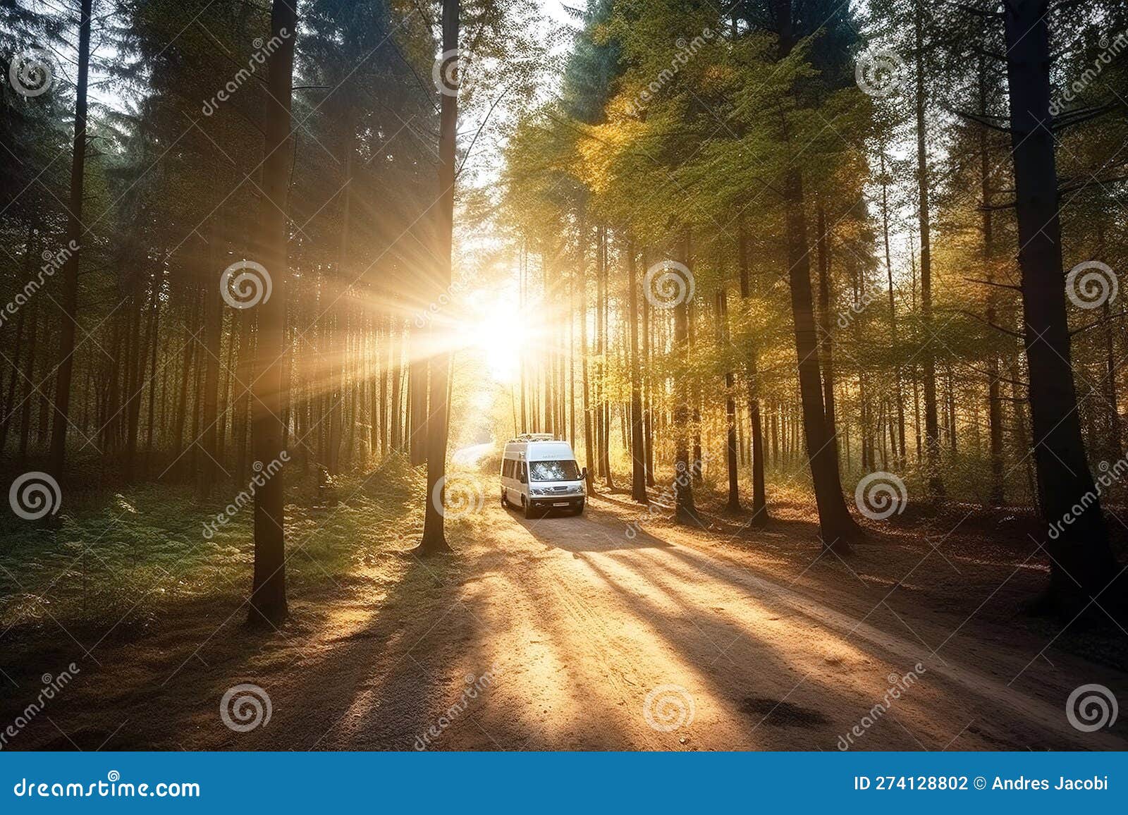 Motorhome Driving Inside Wooden Forest Under Sunbeam at Sunset. Stock ...