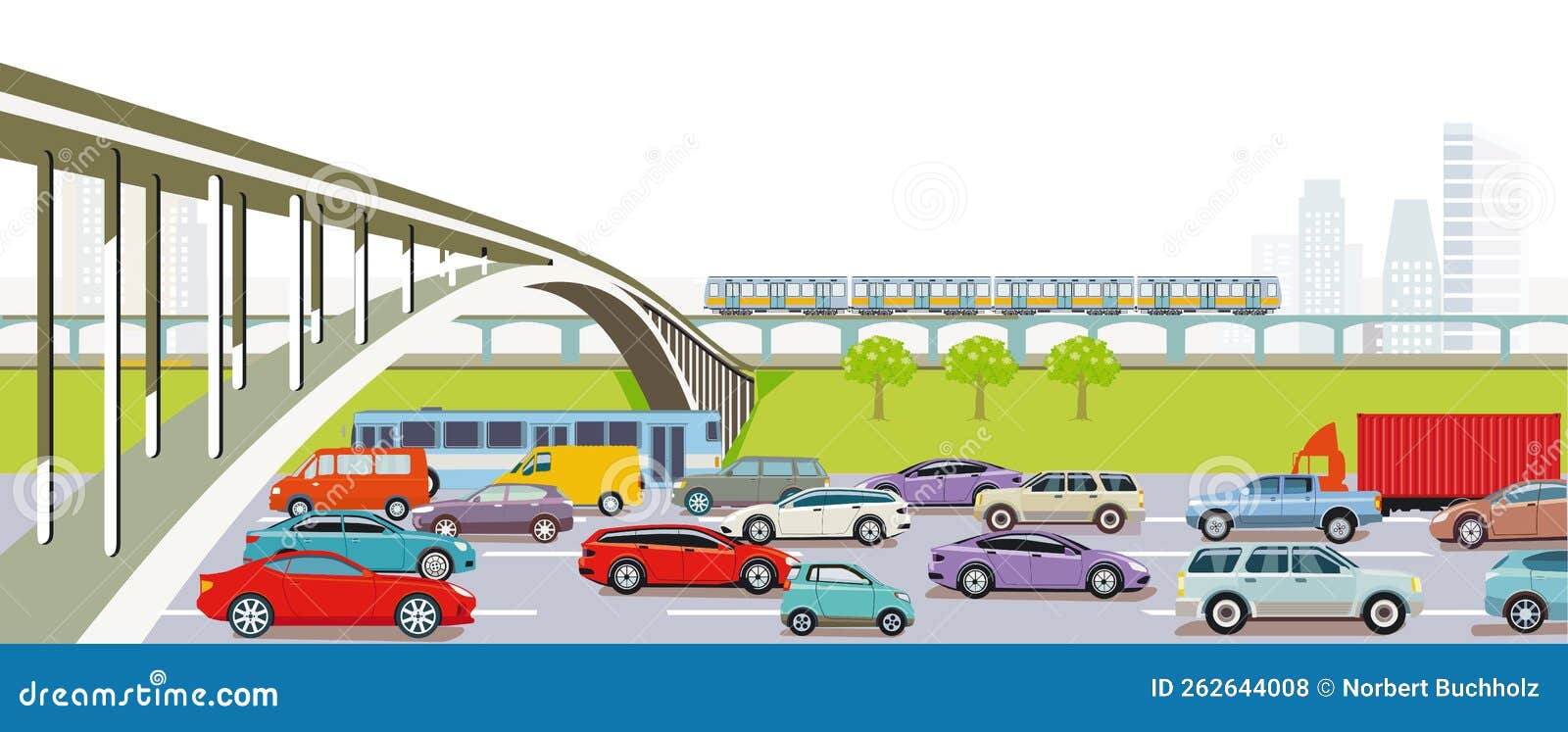 Motorway with Express Train, Bus and Passenger Car, Illustration Stock ...