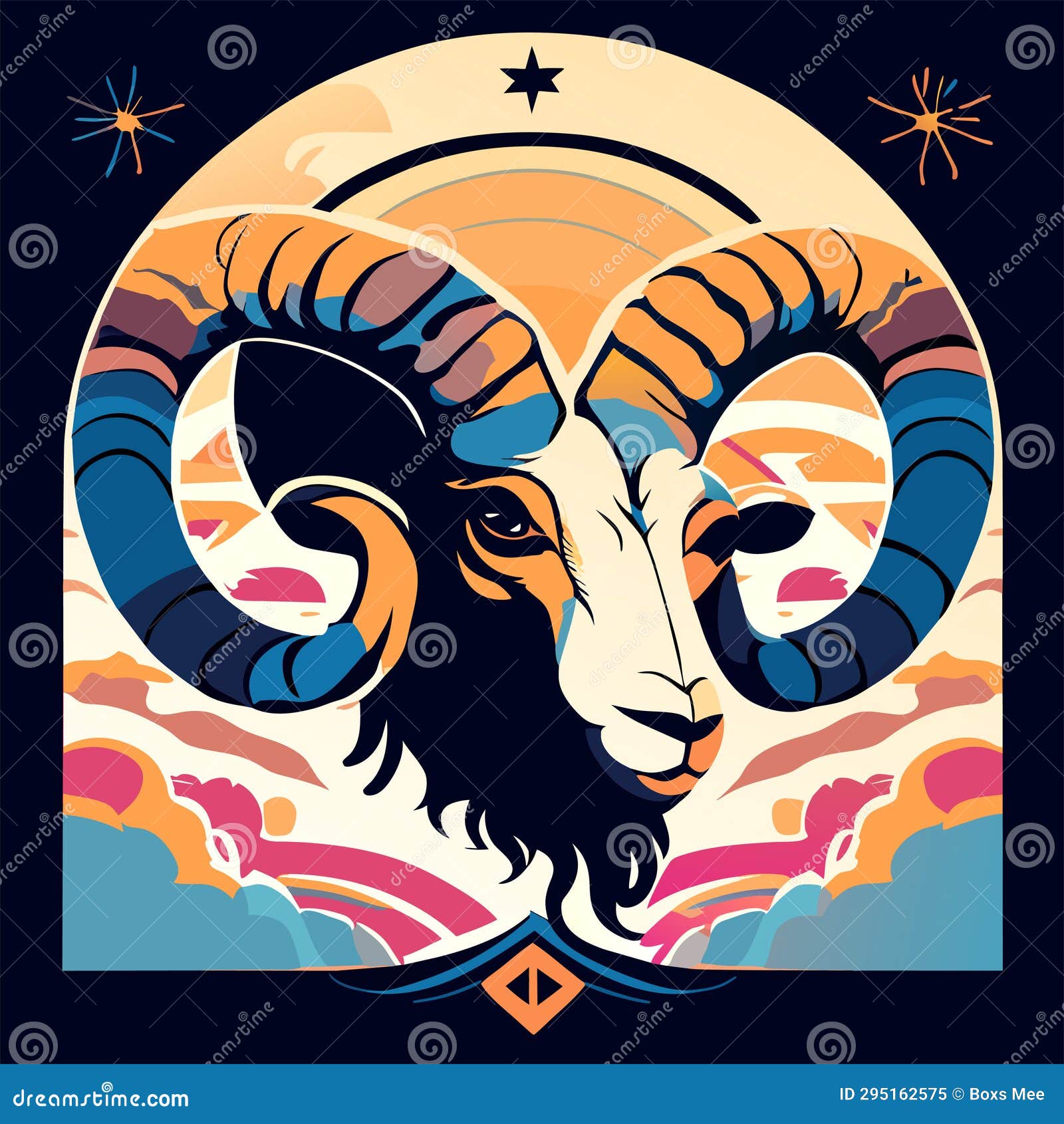 Mouflon Head with Sun and Clouds. Vector Illustration in Retro Style ...