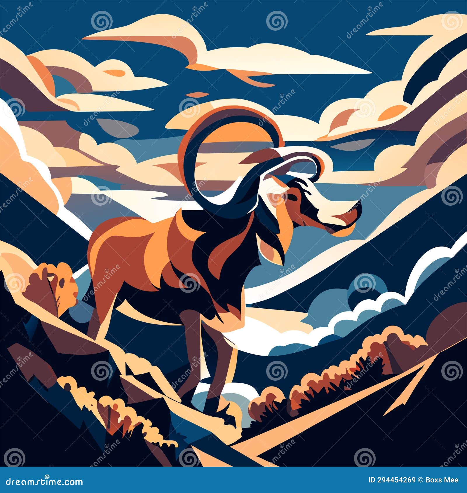 Mouflon in the Mountains. Vector Illustration in Flat Style Stock ...