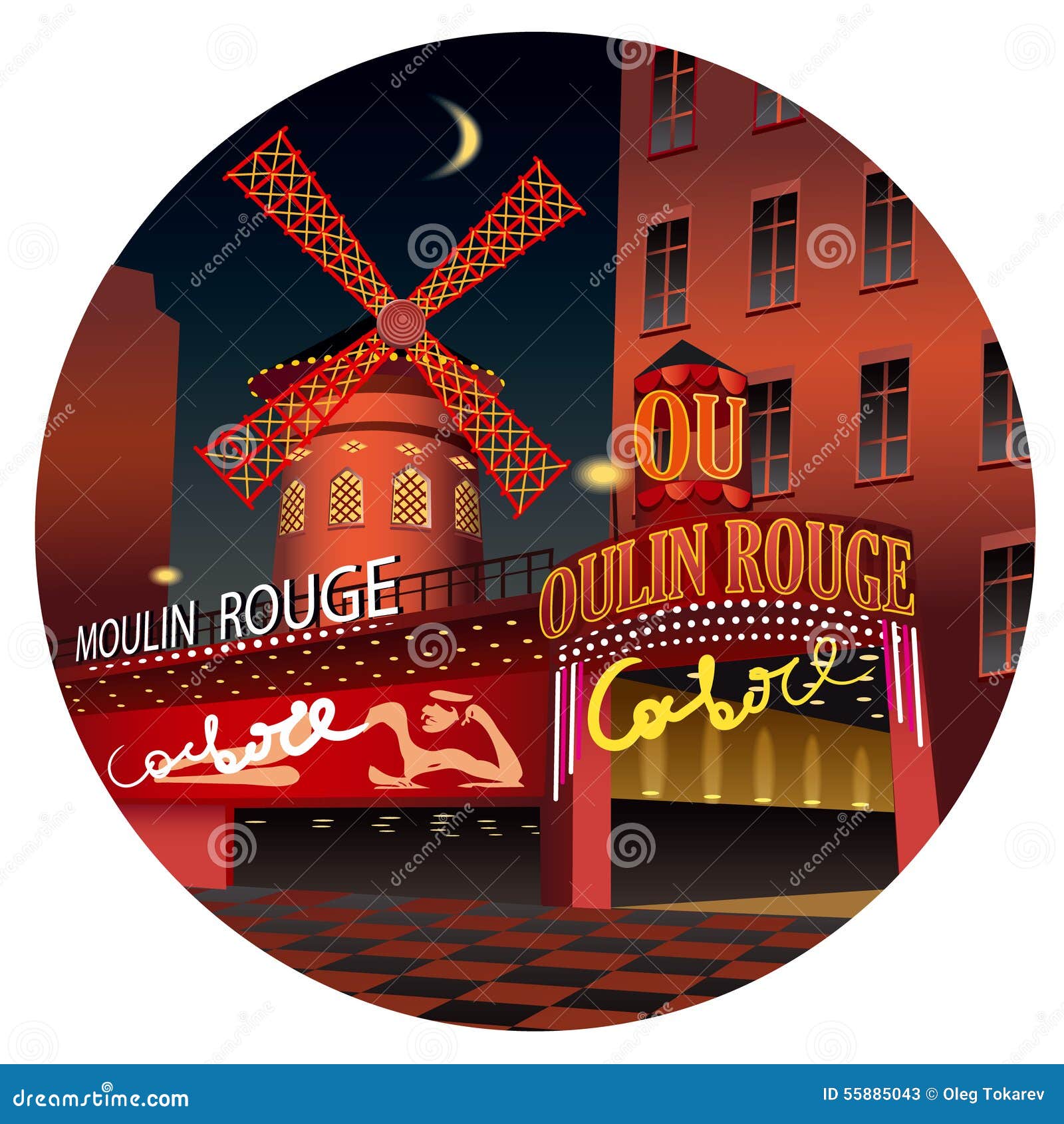 Moulin Rouge In Red Colors On Black Background Cartoon Vector ...