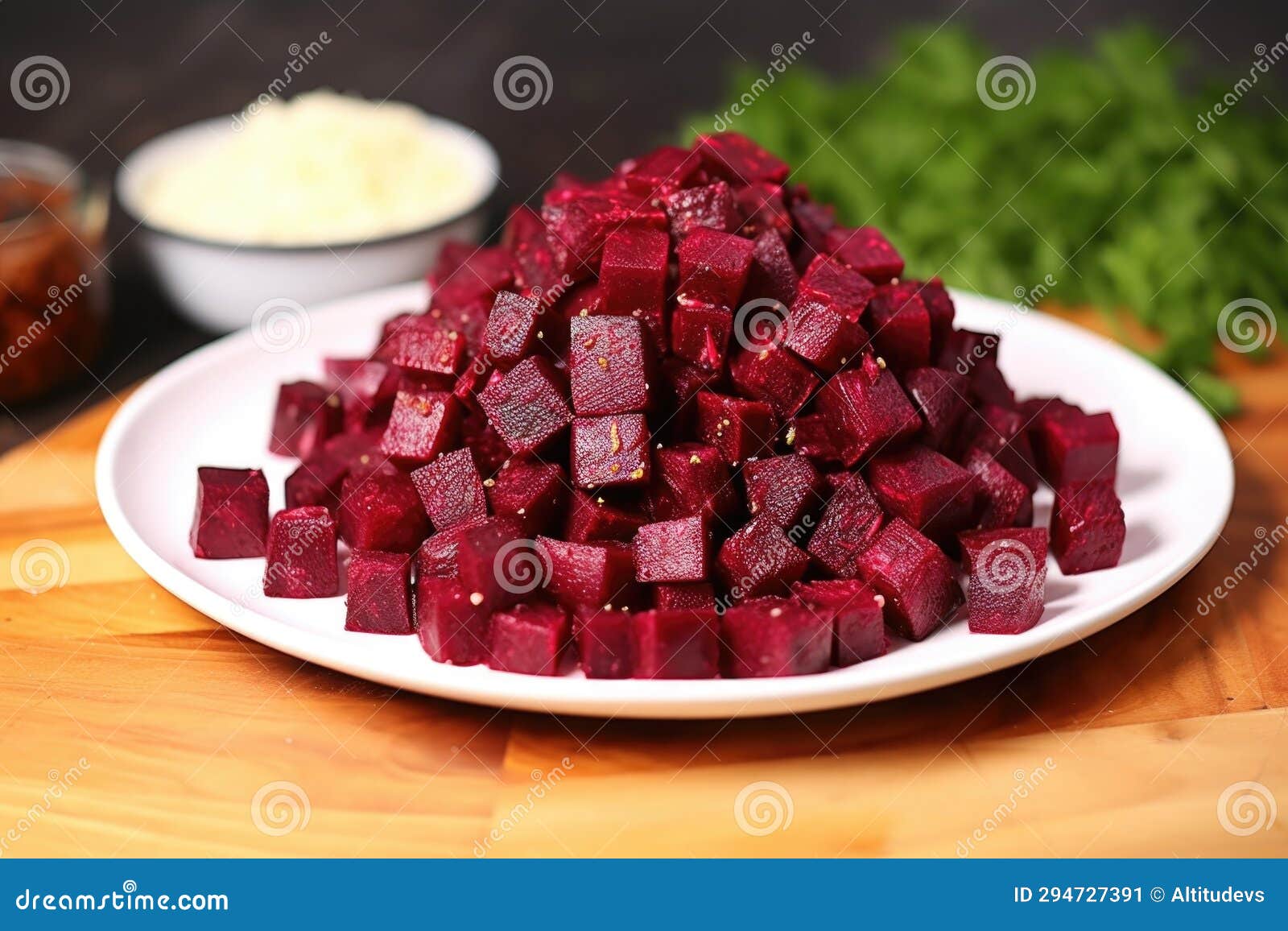 A Mound of Cubed Roasted Beets on a White Circle Plate Stock Image ...