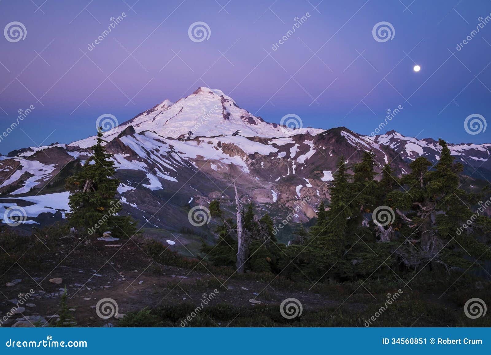 Mount Baker, Full Moon, Sunrise, Washington State Stock Image - Image ...