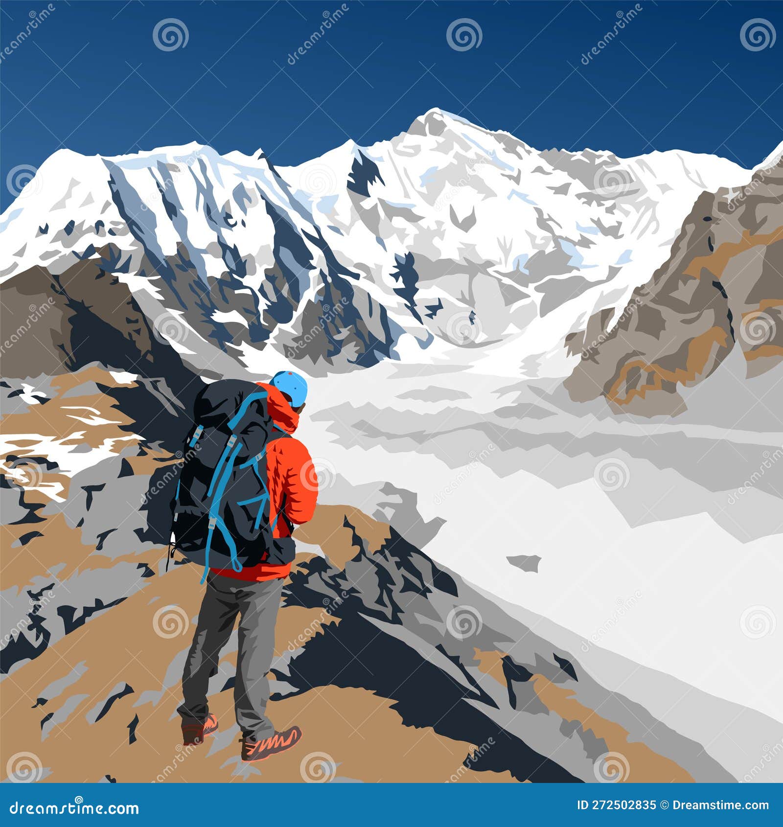 Mount Cho Oyu and Hiker in a Red Jacket with a Big Backpack, Vector ... Mount Cho Oyu and Hiker in a Red Jacket with a Big Backpack, Vector ...