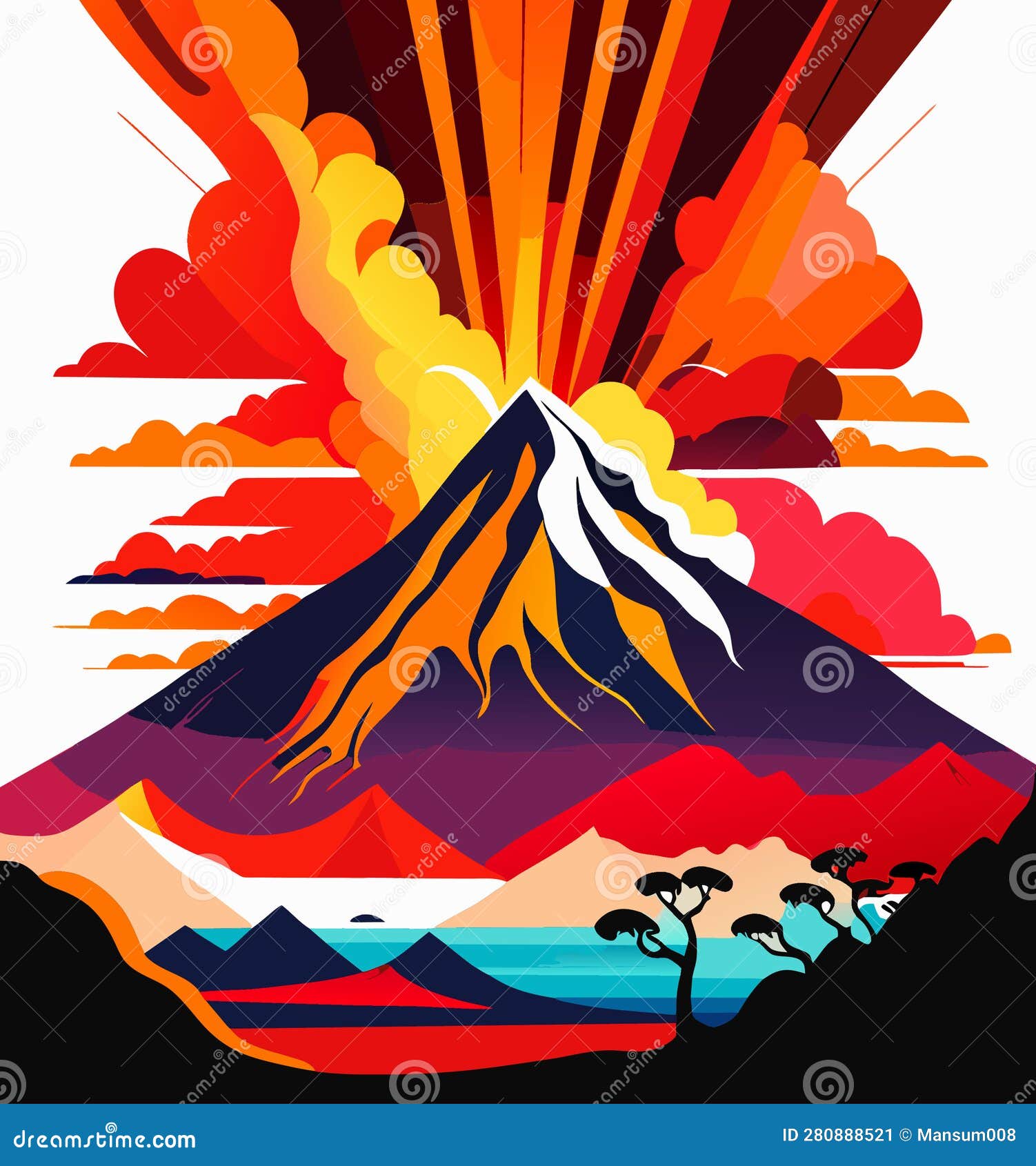 Mount Fuji and Mountain with Volcano Eruption Stock Illustration ...