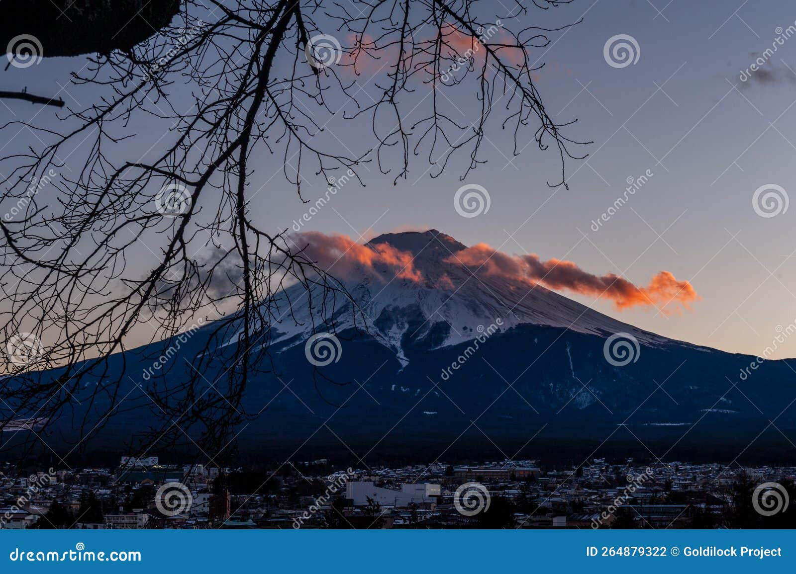 Mount fuji at sunset stock photo. Image of morning, boat - 264879322