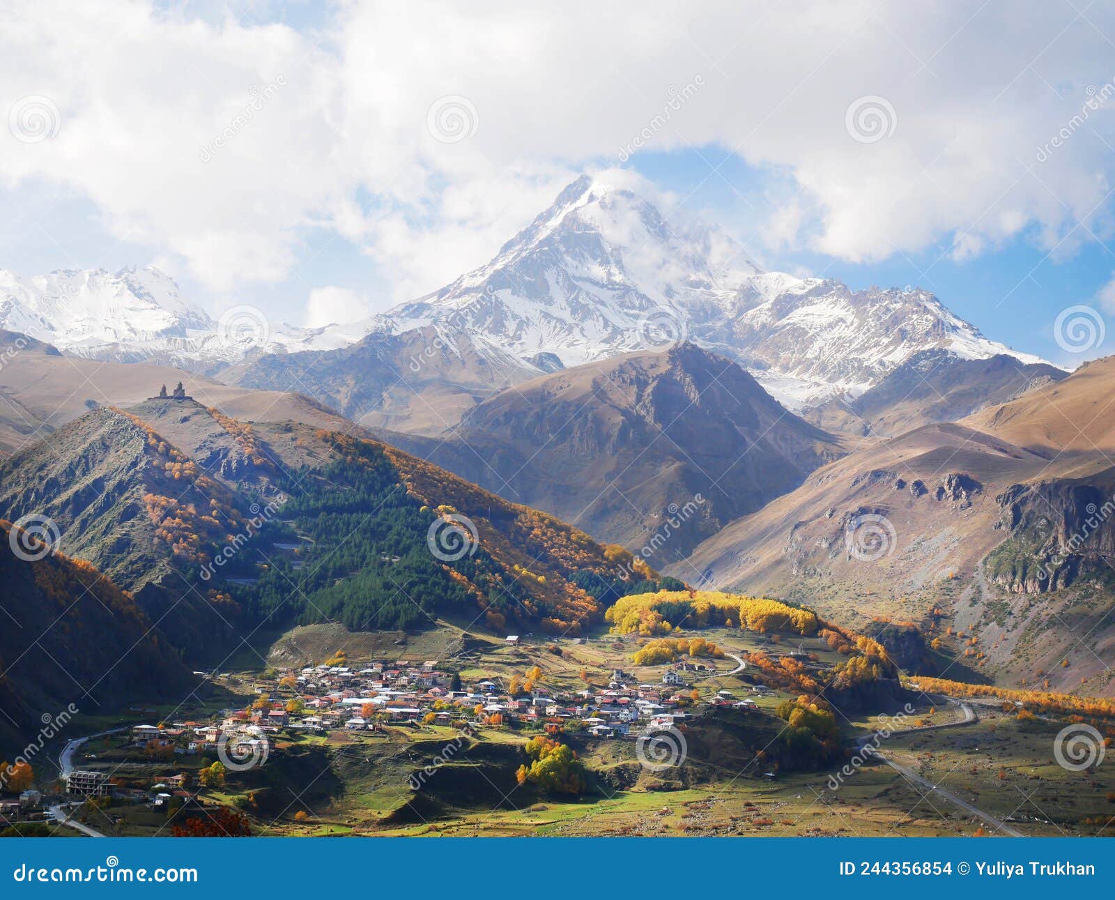 Mount Kazbek and Stepantsminda Town in Georgia Stock Photo - Image of ...