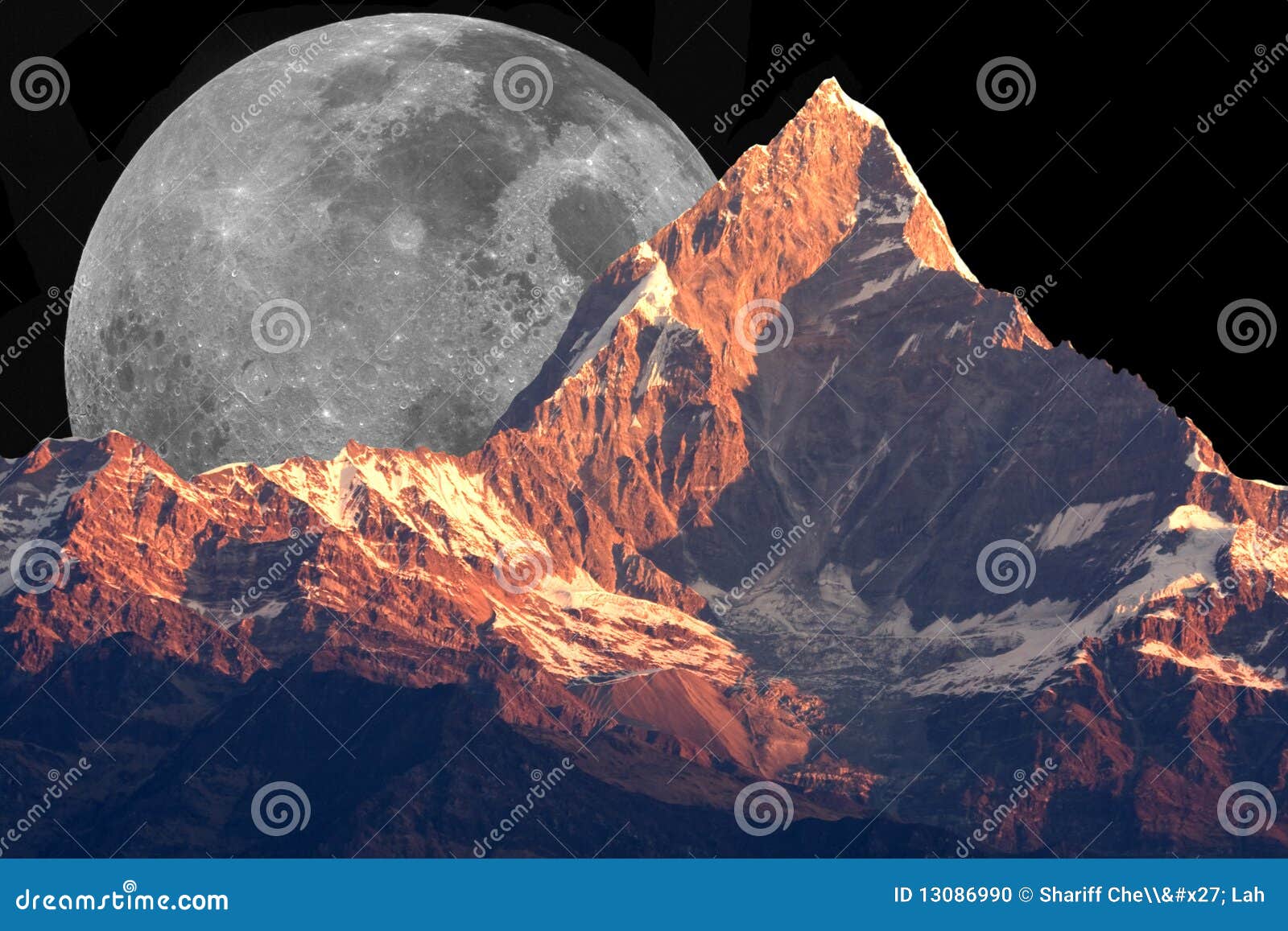 Mount Machhapuchhre and the Moon Stock Photo - Image of capped ...