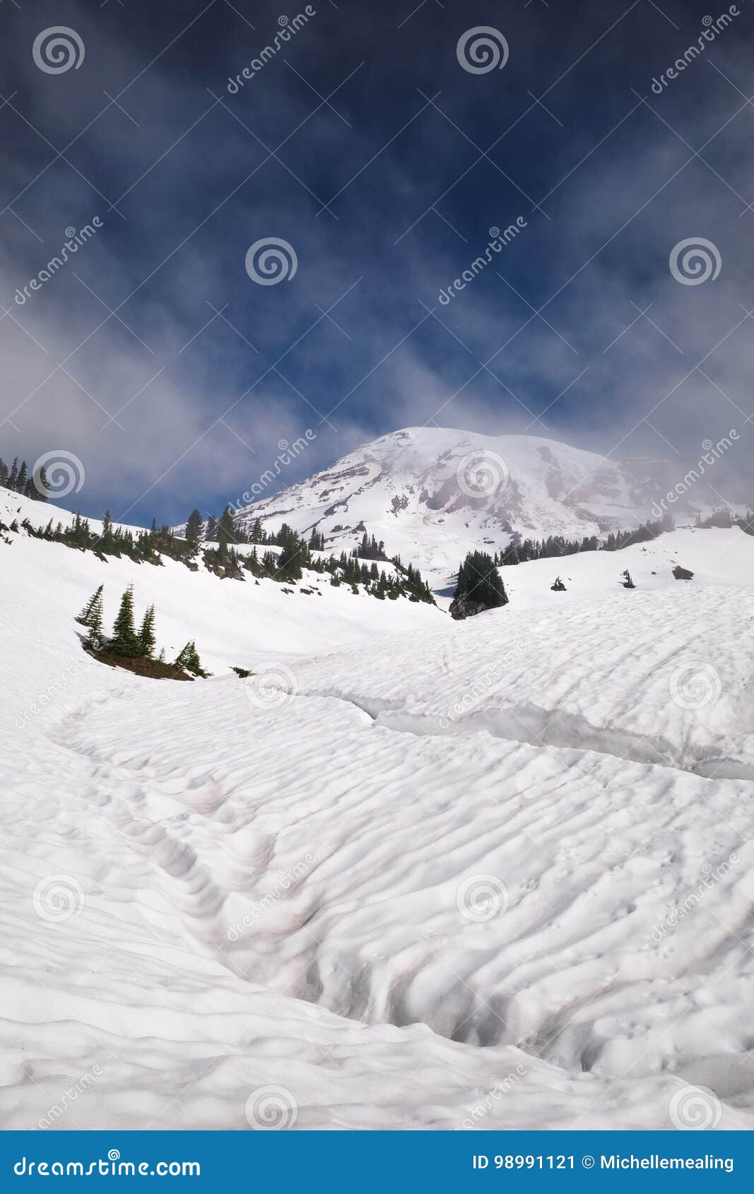 Mount Rainier with a Snow-covered Lake in the Foreground Stock Image ...