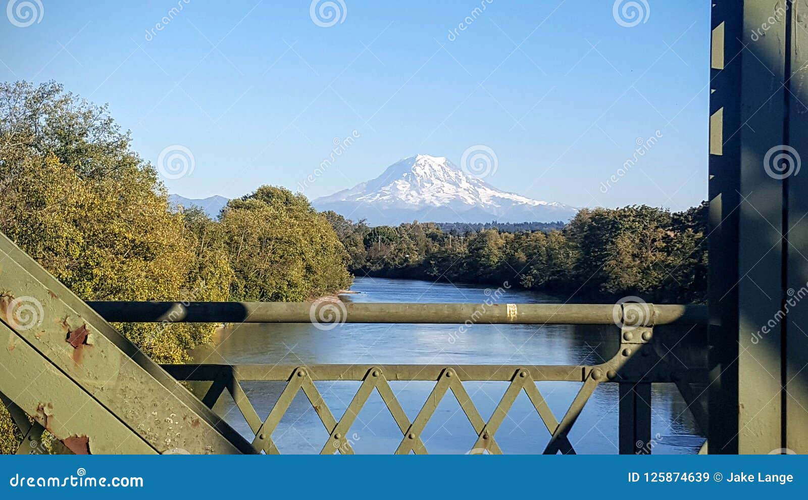 Mount Rainier Viewed Froma Bridge Stock Image - Image of mountain ...