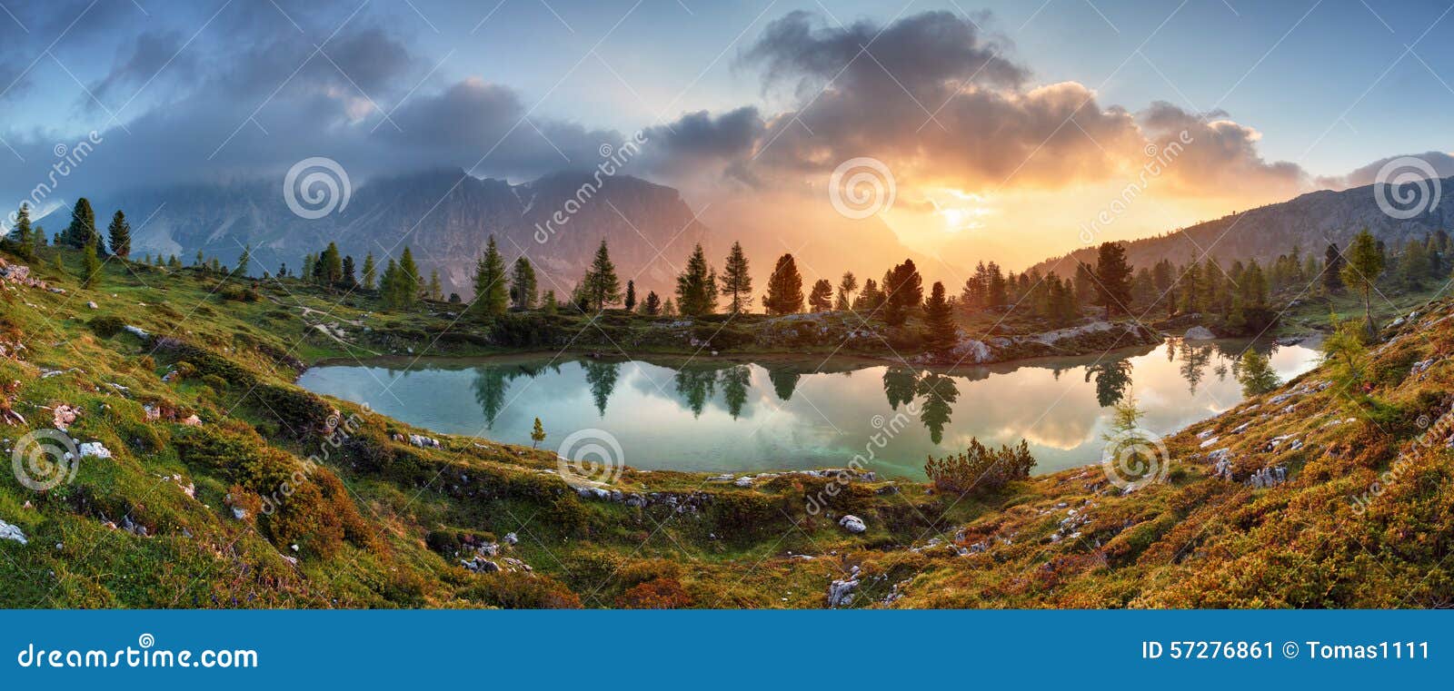Mountain Alps Lake Sunset Panorama in Dolomites Stock Image - Image of ...