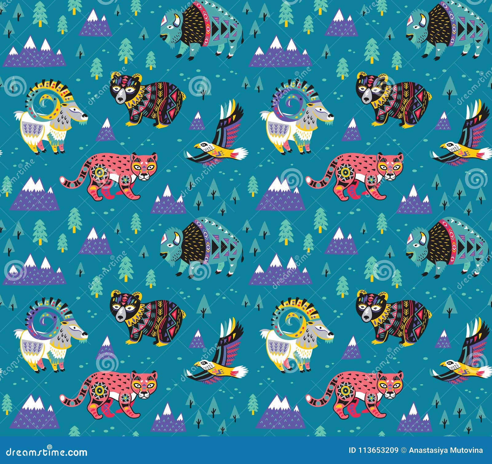 Mountain Animals Pattern in Ethnic Style. Vector Illustration Stock ...