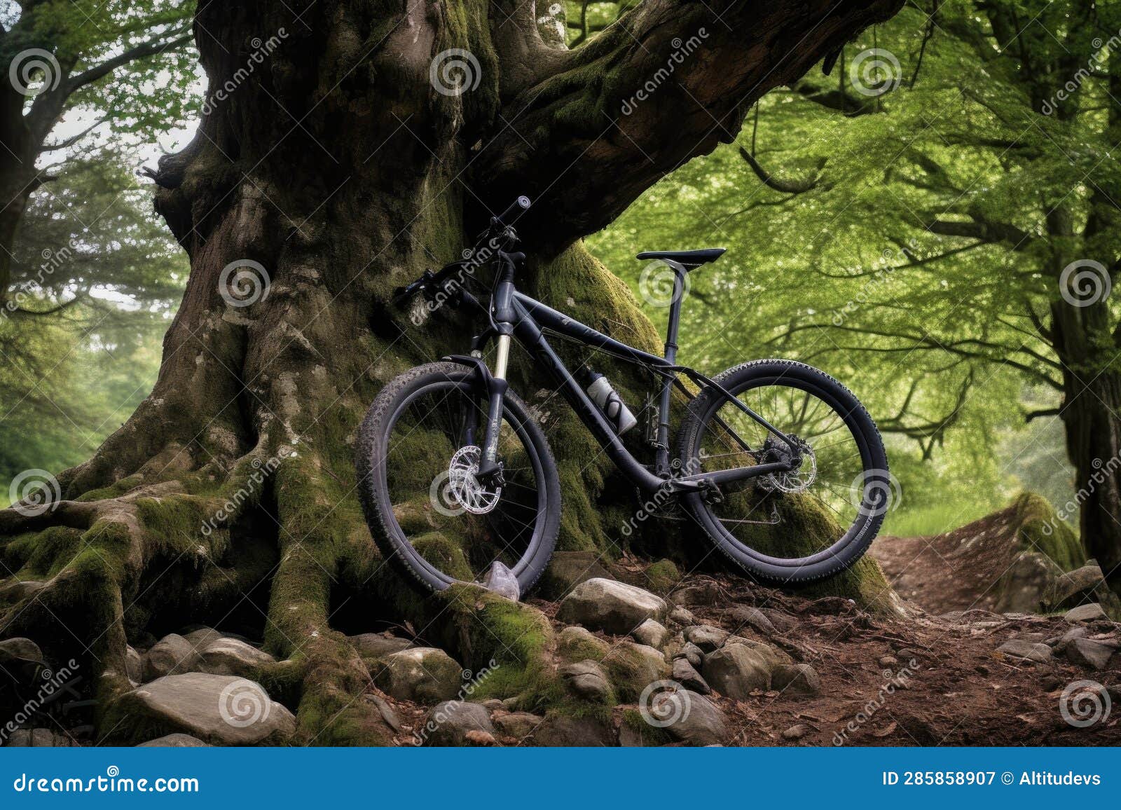 Mountain Bike Leaning on a Tree, Ready for Adventure Stock Image ...